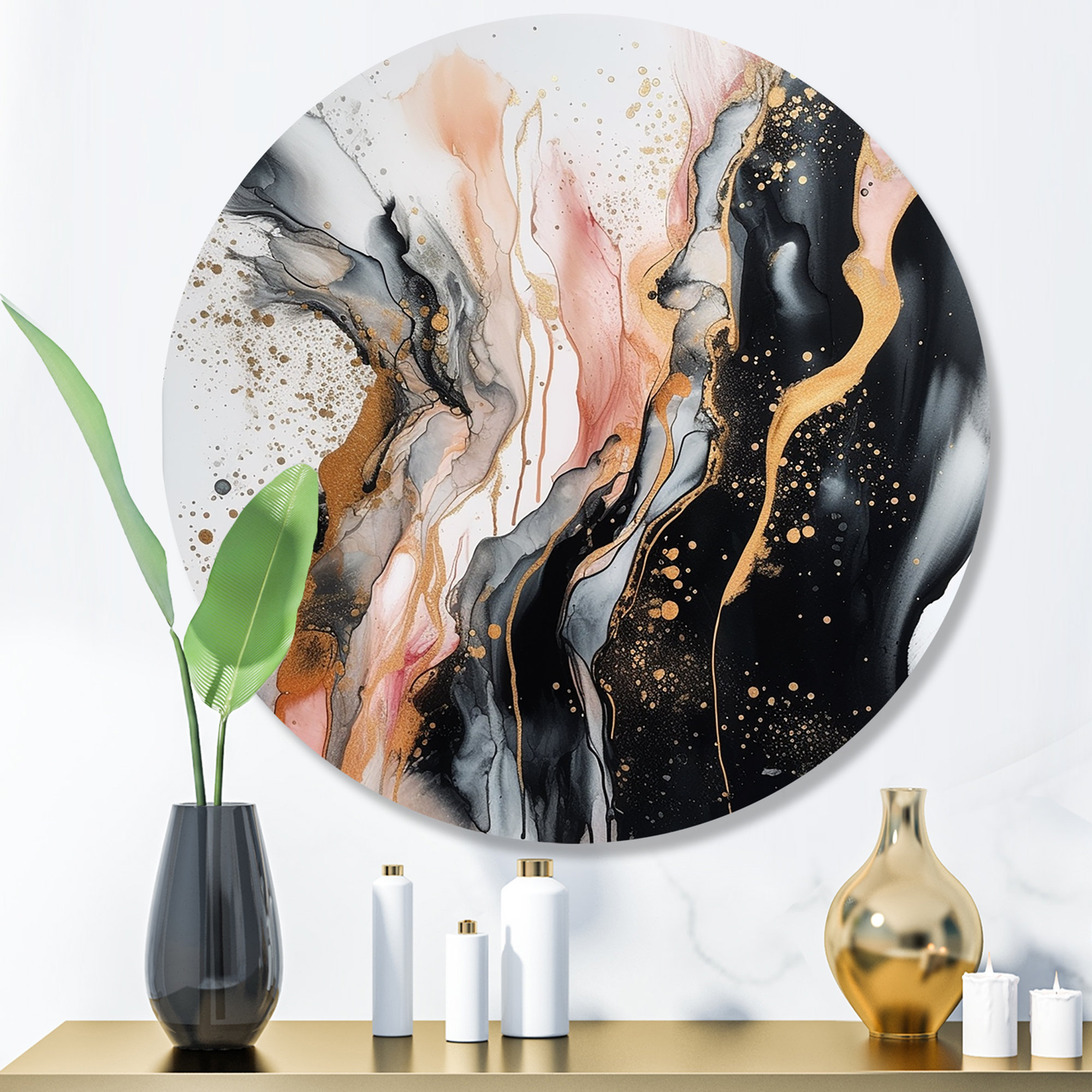 Mercer41 Dric Black And Gold Fluid Stone - Abstract Marble Round Metal ...
