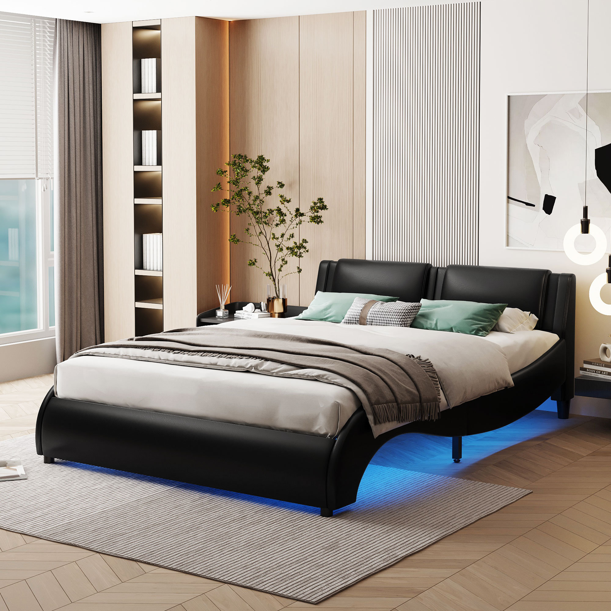 Ivy Bronx Full Size Upholstered Faux Leather Platform Bed with LED ...