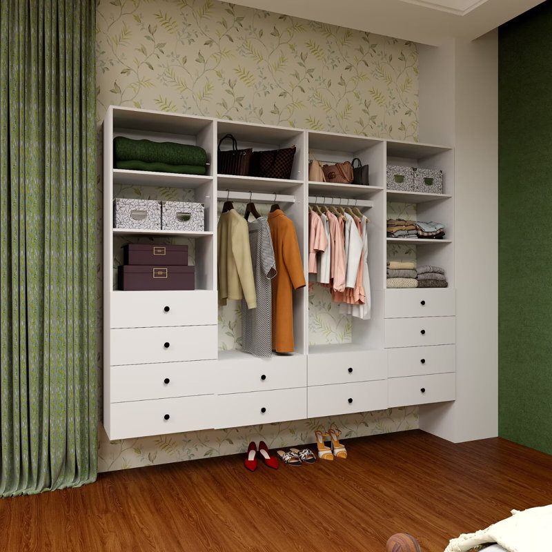 Latitude Run® White Closet System Wardrobe with 2 rods 8 shelves and 12 ...