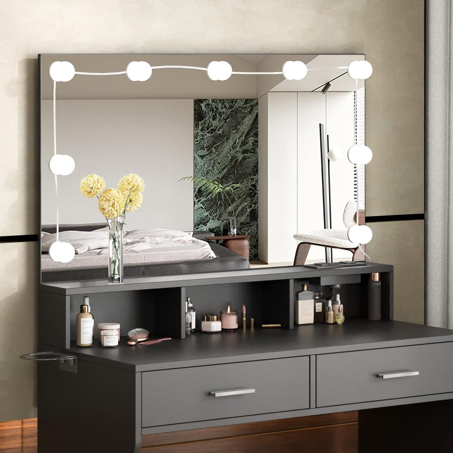 Latitude Run® Black dressing table set with illuminated mirror and ...