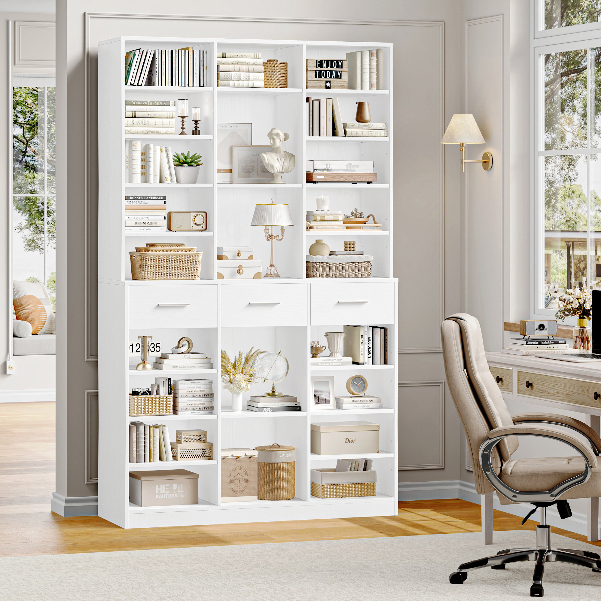 Ebern Designs 75"H Wood Storage Bookcase with Adjustable Shelves ...