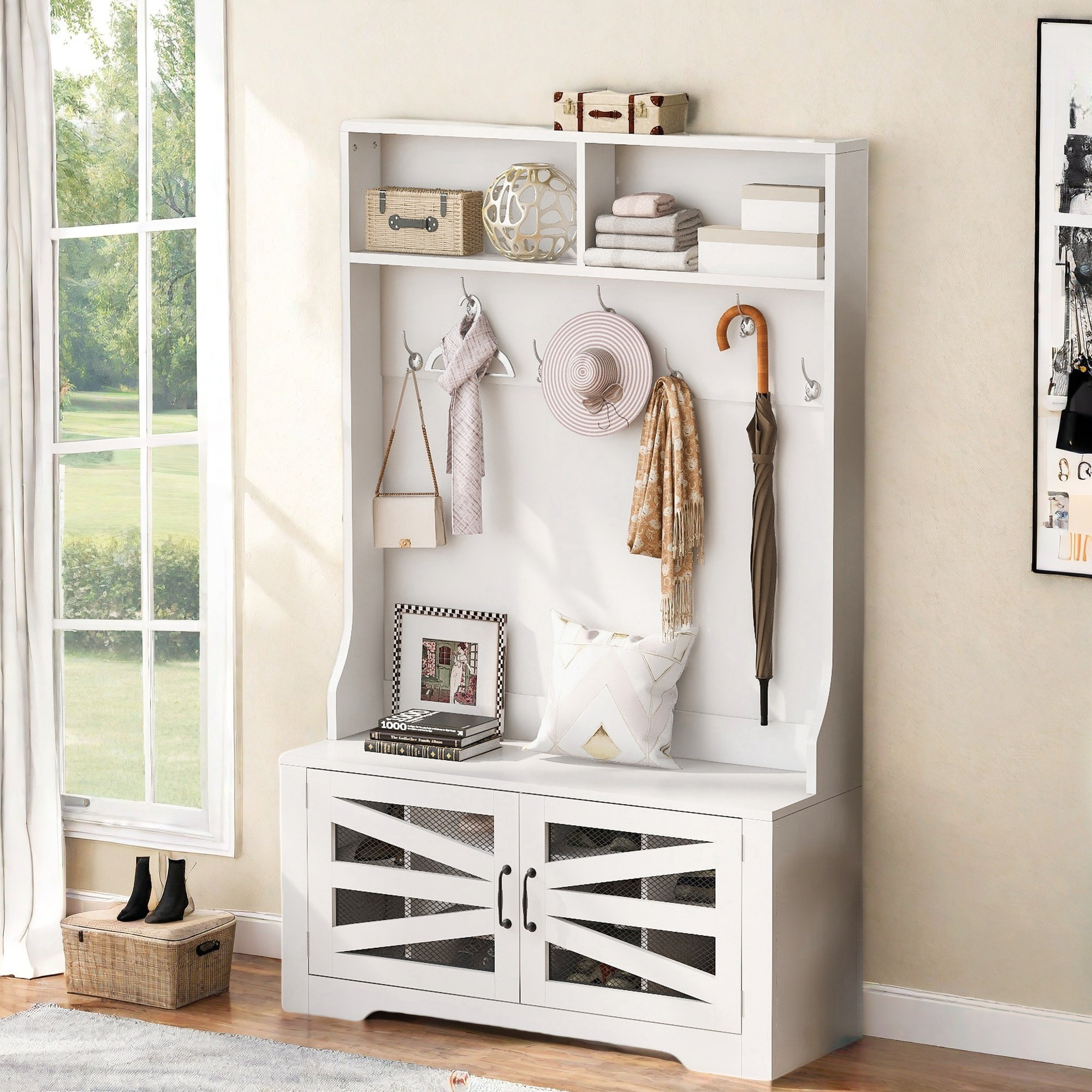 Gracie Oaks Modern Hall Tree With Coat Rack, Adjustable Shelves, Metal ...