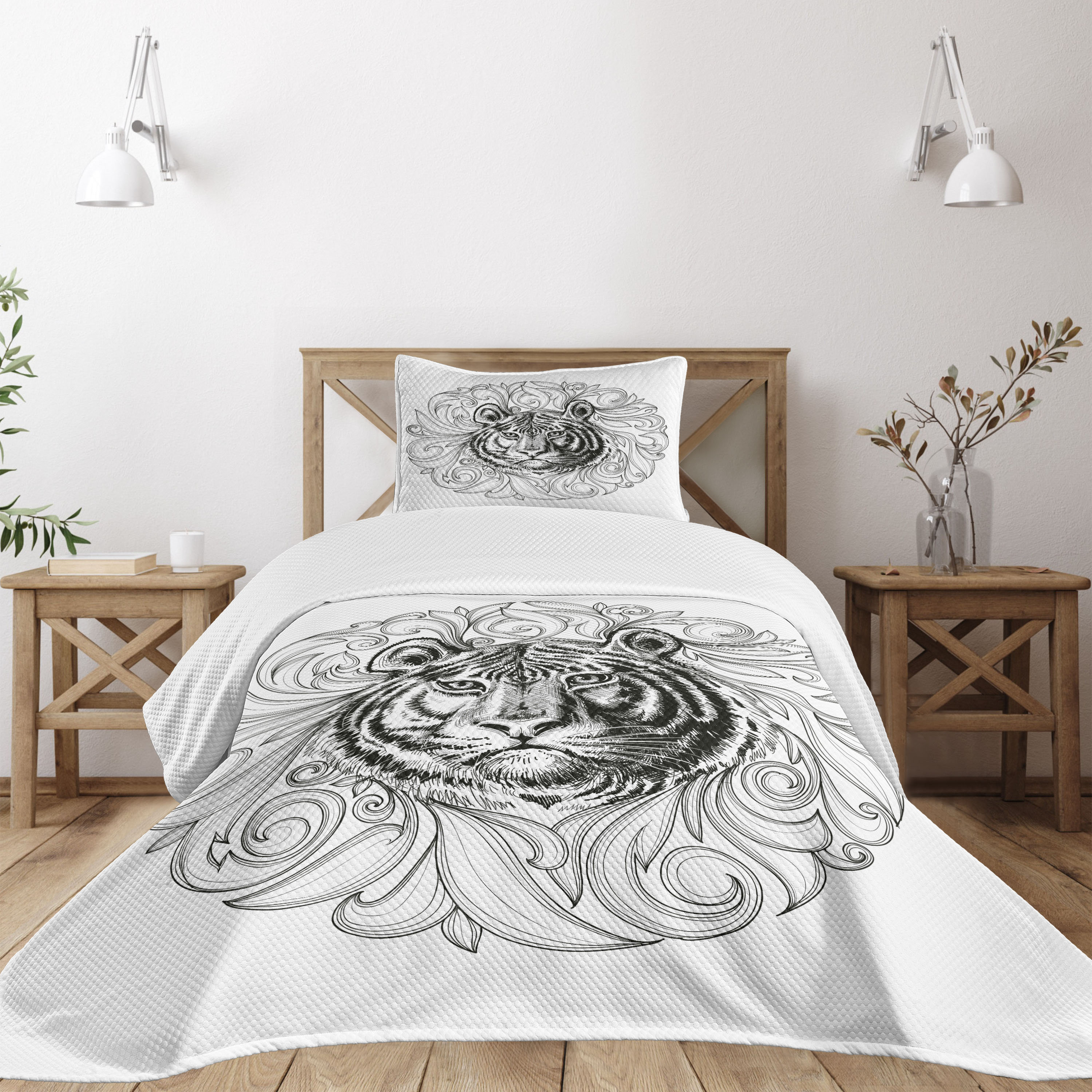 Ambesonne Tiger Bedspread Set Monochrome Feline Leaves Black White ...