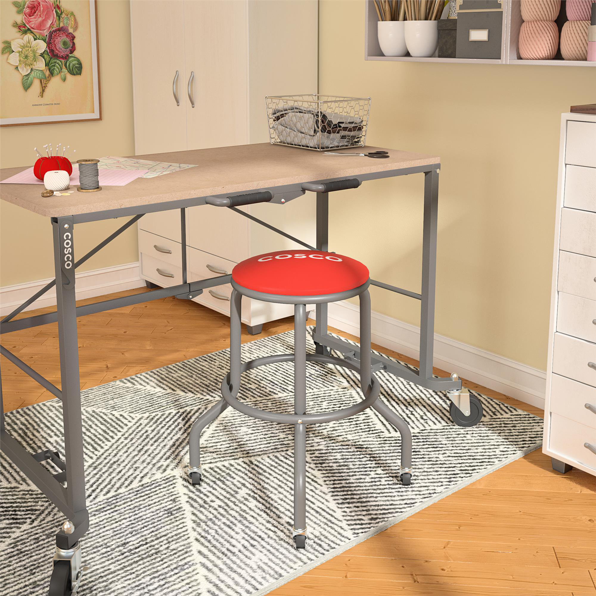 COSCO All Steel, Vinyl Work Seat with Rolling Casters, 300lb Weight ...