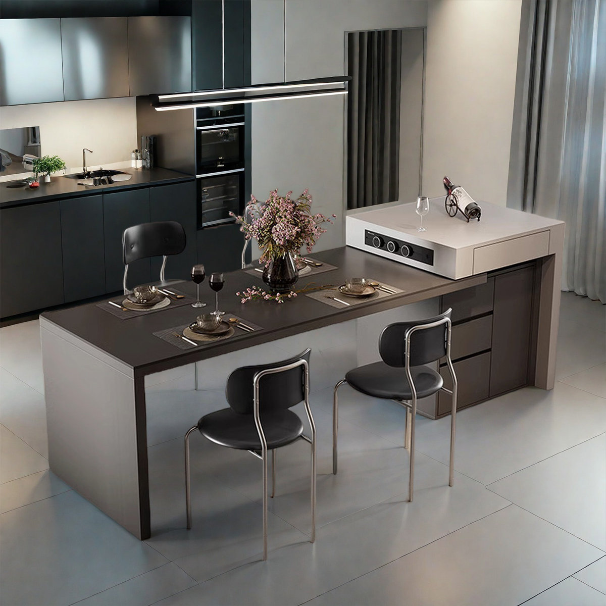 Orren Ellis Modern Sintered stone Kitchen Island with Extendable Table ...