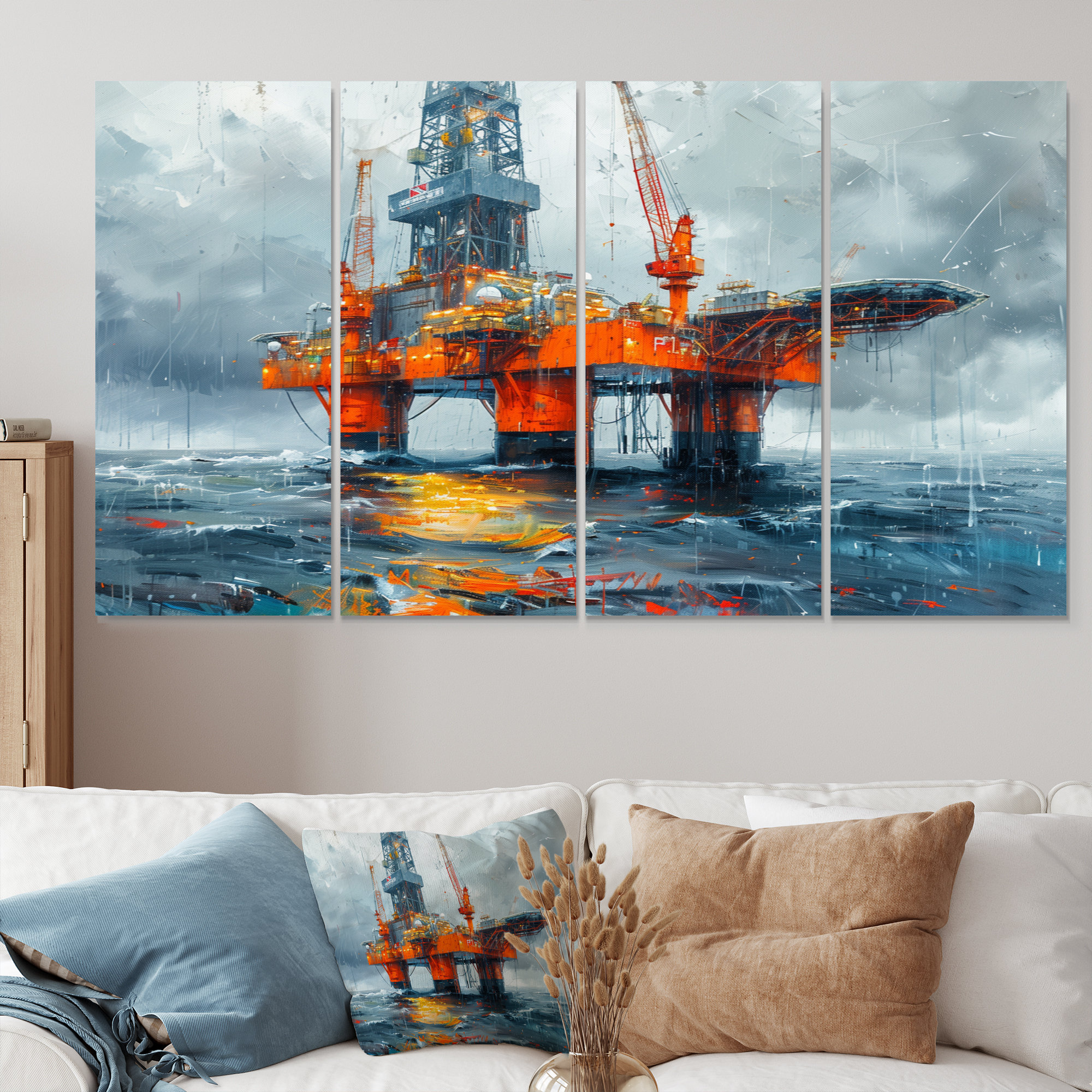 Beachcrest Home™ Grey Orange Summer Oil Rig In Ocean - Oil Rigs ...