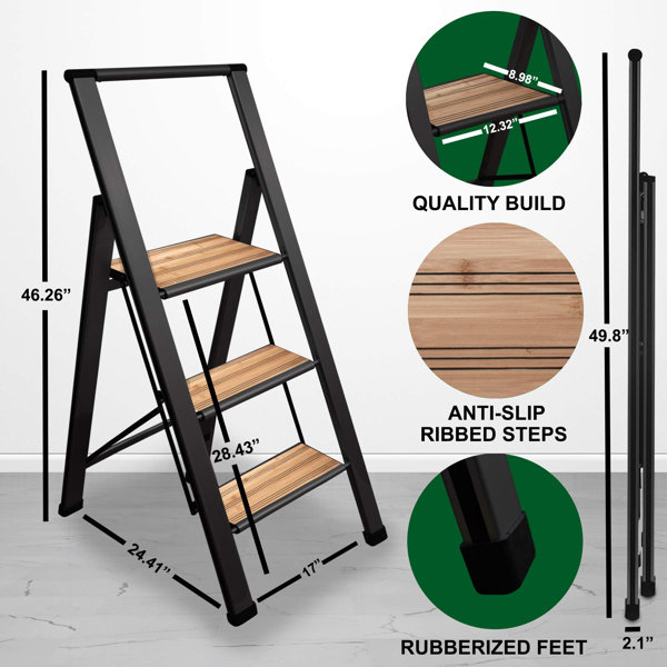 Sorfey Premium 3 Step Modern Bamboo Ladder. Lightweight, Ultra Slim ...