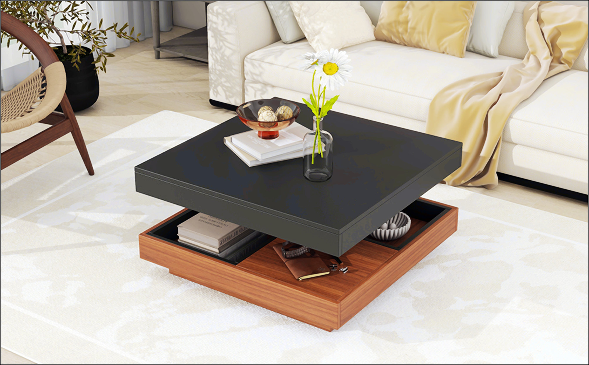 Ebern Designs Modern Square 360°Rotating Coffee Table With Three ...