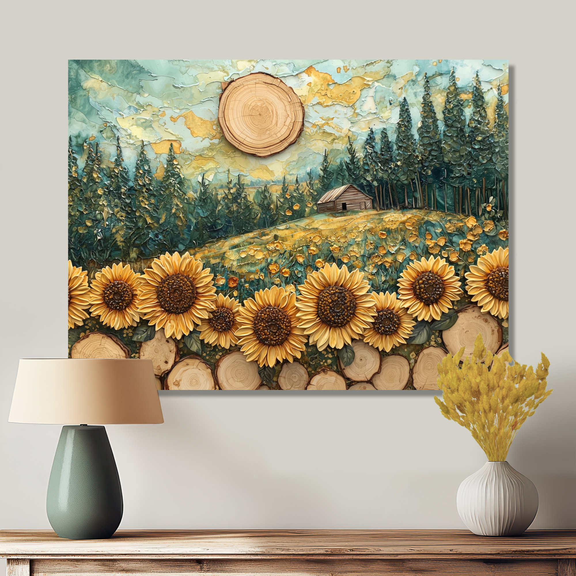 August Grove® Donyae Sunflowers Garden At The Barn On Wood Slide II ...