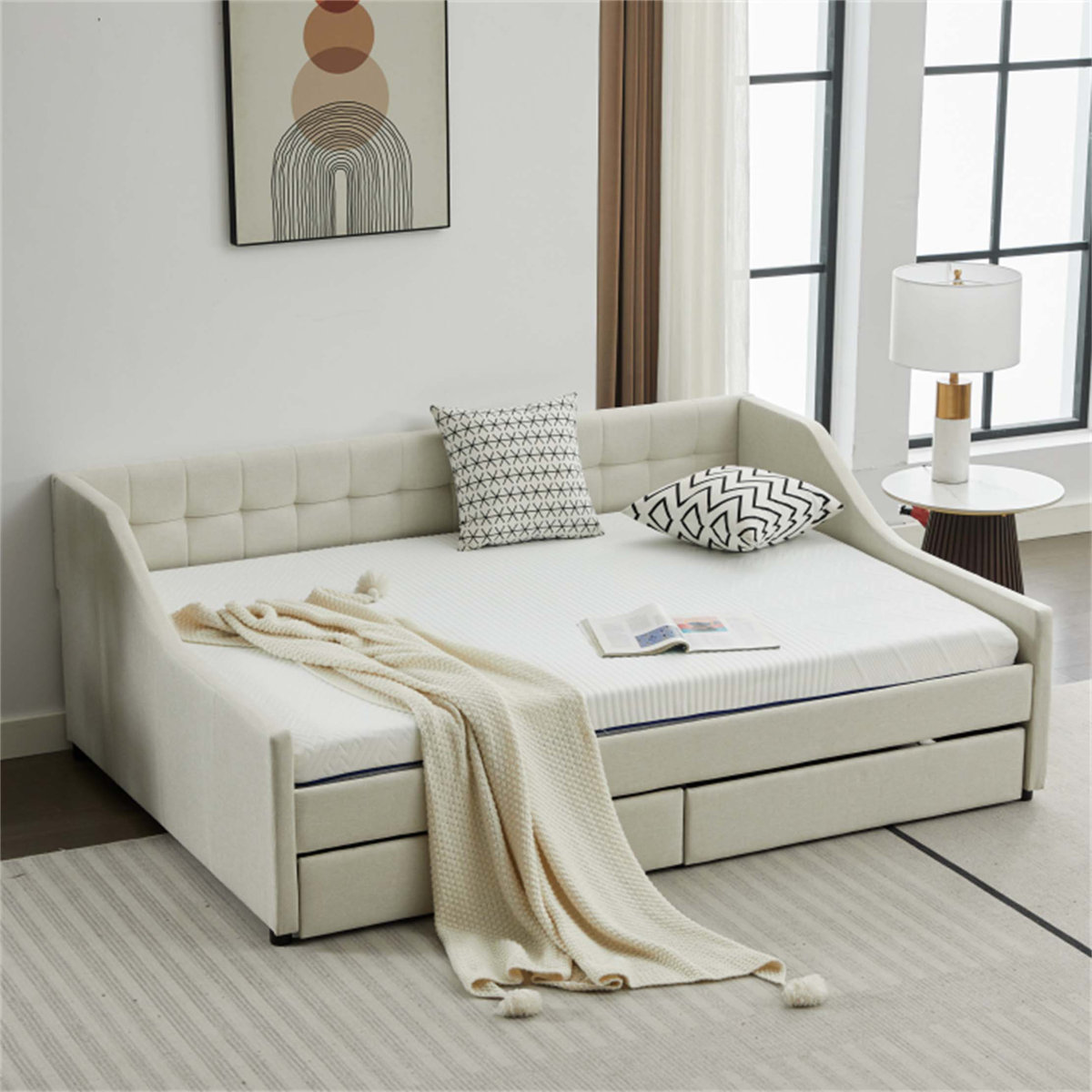 Mercer41 Daybed Corner Bed Sofa Bed With Drawers Velvet Upholstered ...
