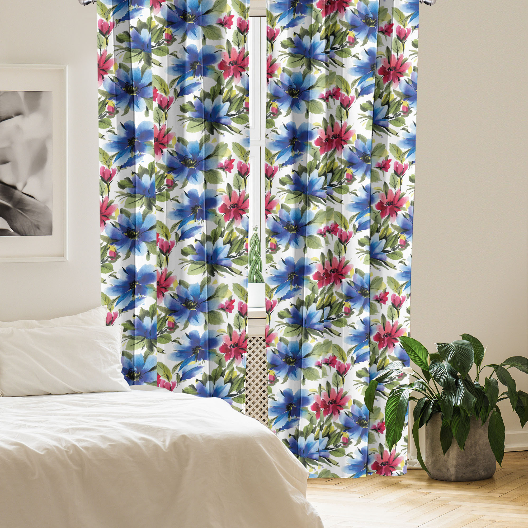 East Urban Home Floral Curtains Blue Red Flowers Watercolor Pair of ...