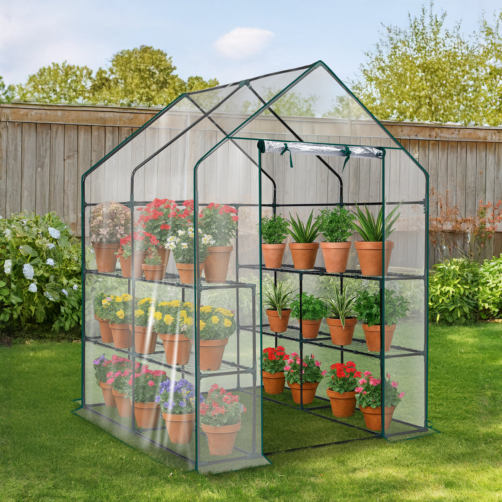 Outopee Metal-Framed PE-Covered Mini Walk-In Greenhouse With 4 Shelves ...