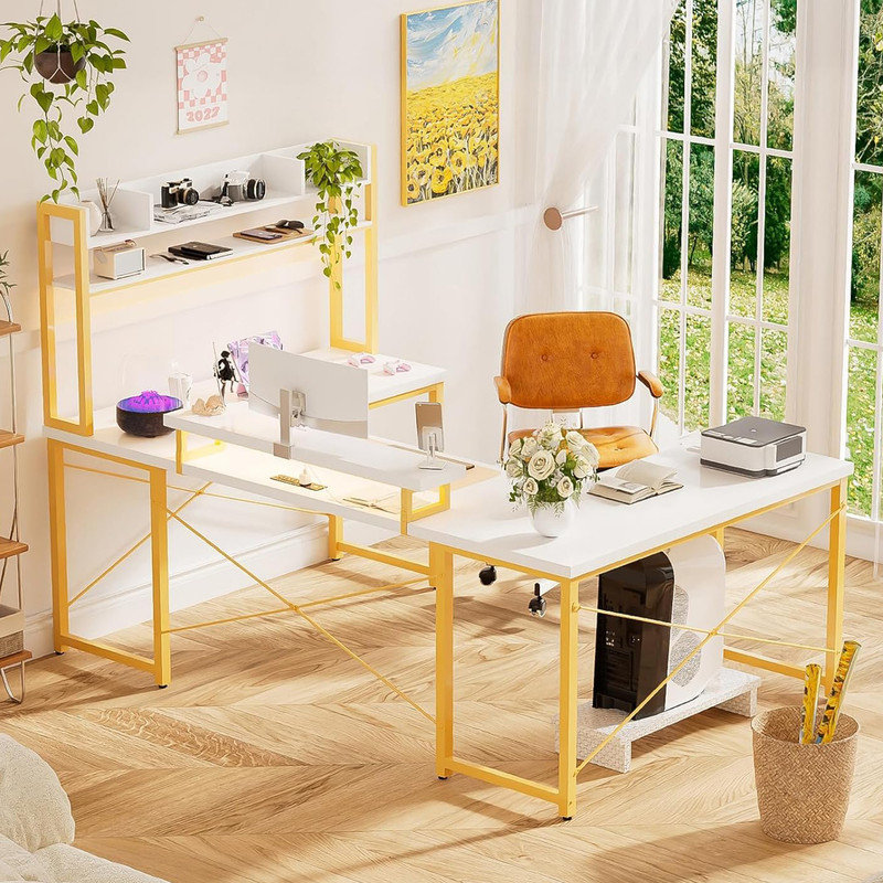 Mercer41 DIY U Shaped Computer Desk,White and Gold Multi-Monitor Desks ...