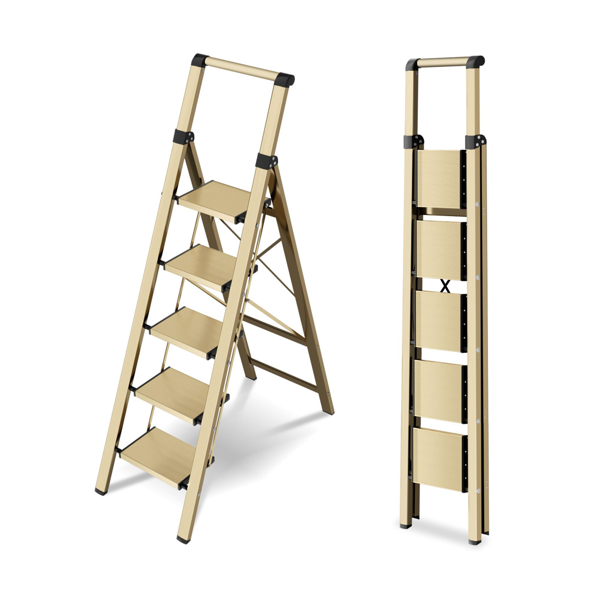 COAHAHA Gold Aluminum Folding 6-Step Ladder, 300Lbs Capacity, Anti-Slip ...