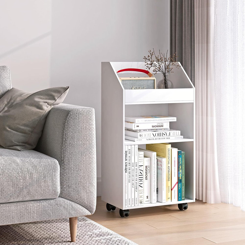 17 Stories 3-Tier Mobile Bookshelf, White Bookcase With Wheels, Rolling ...