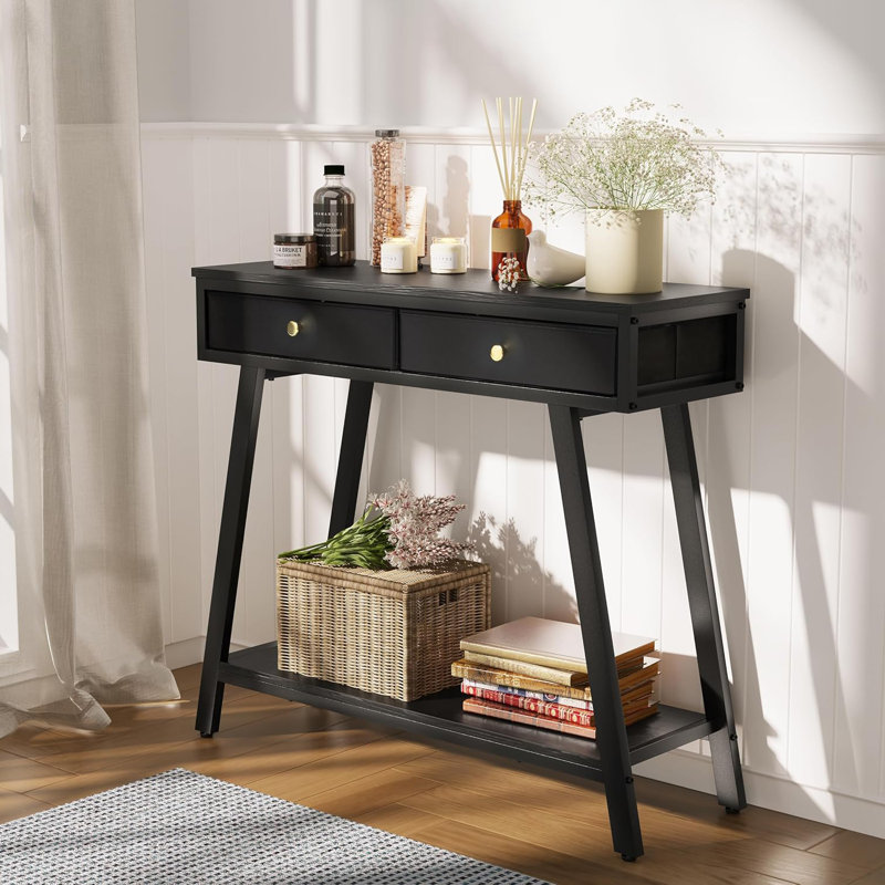 George Oliver Black Wooden Narrow Entryway Table with Shelves | Wayfair
