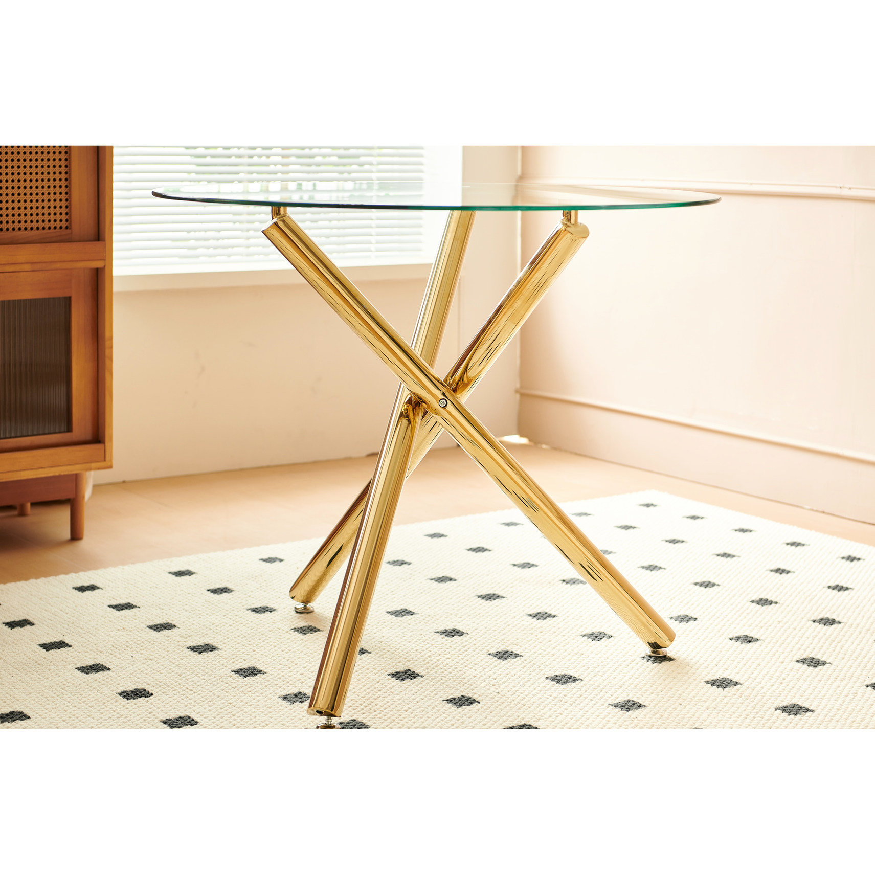 Ivy Bronx Golden Dining Table With Stable Metal And Glass Construction ...