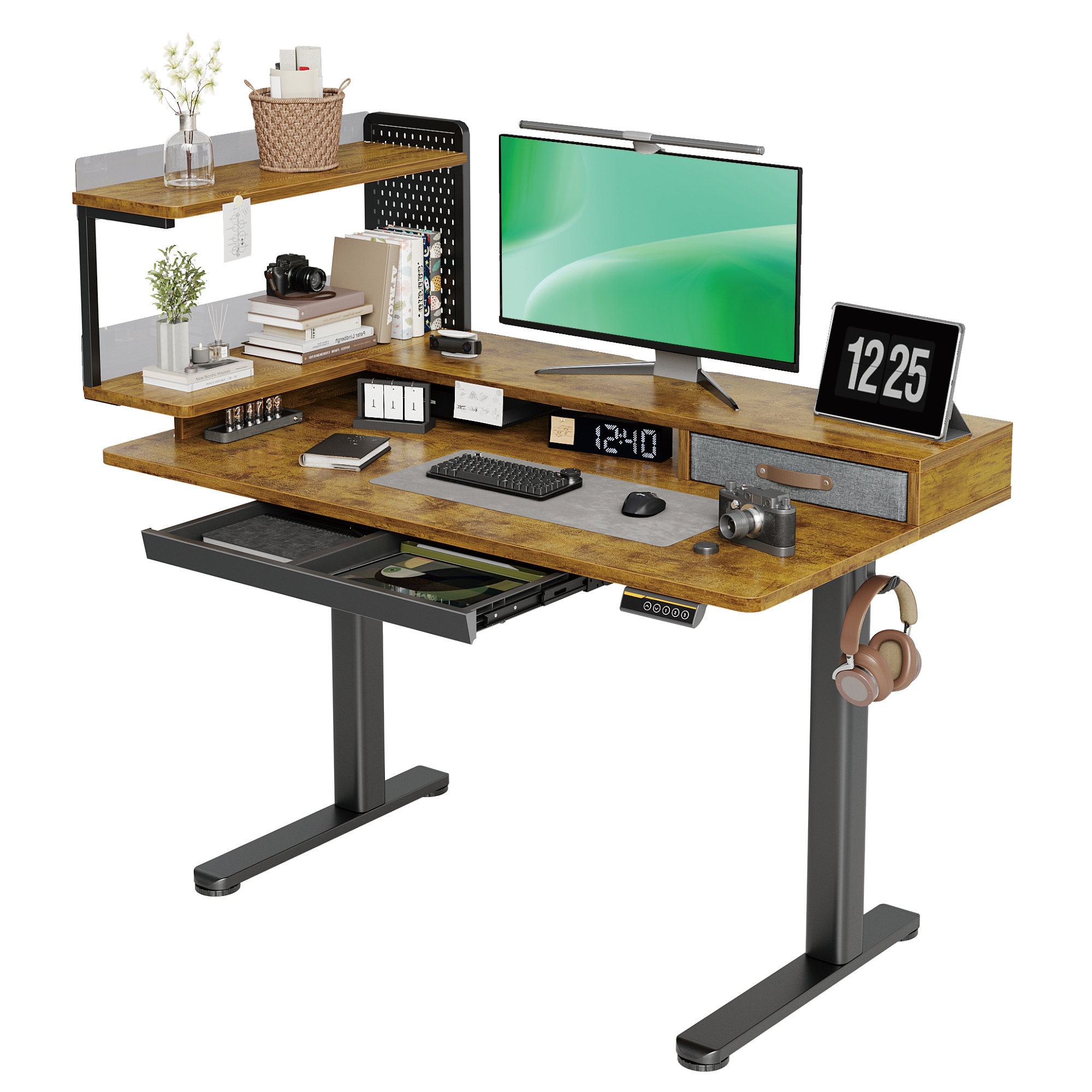 Inbox Zero Height Adjustable Standing Desk With Exterior Shelves and ...