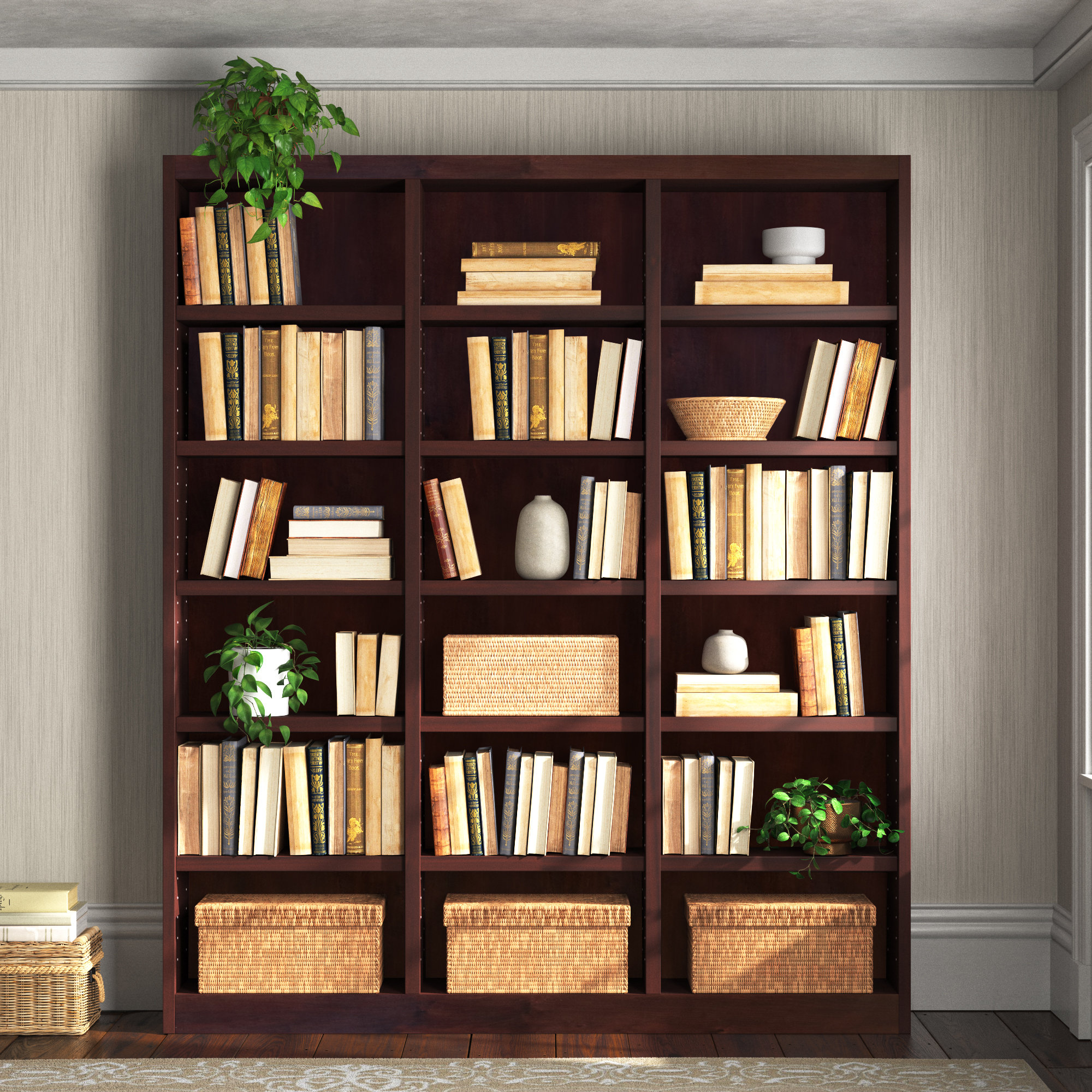 Winston Porter Aliette Triple Wide Wood Bookcase, 18 Shelf, 84 inch ...