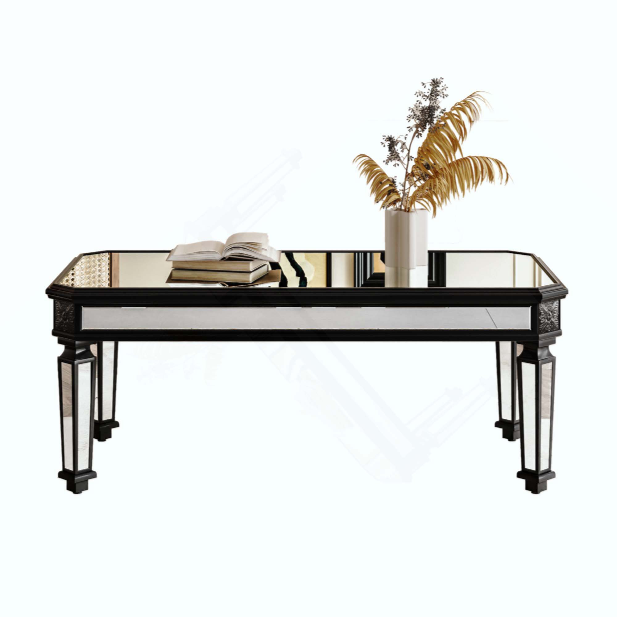 Mercer41 Mirrored Coffee Table, Vintage Carved Wooden, Rectangle Glass ...
