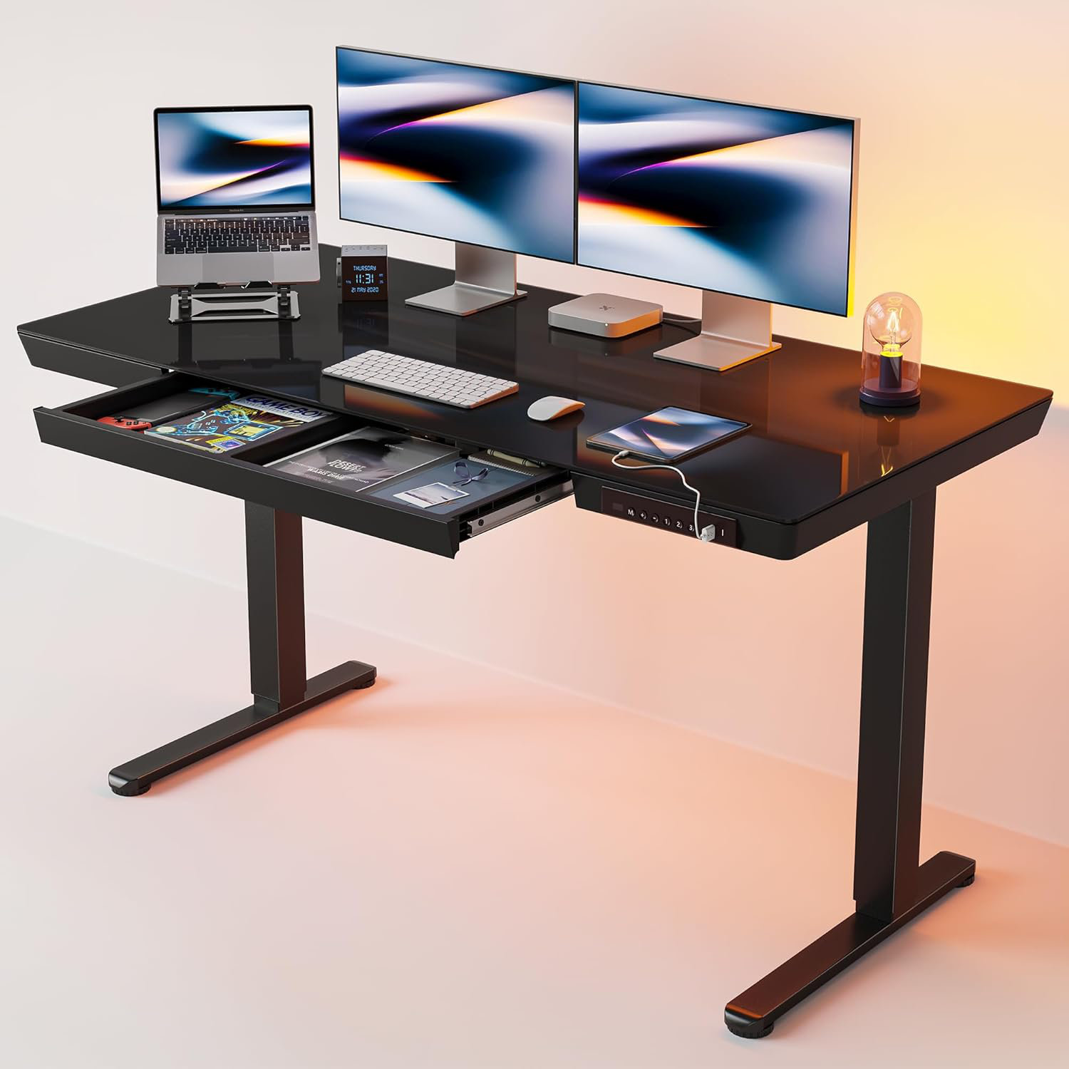 Inbox Zero Zavira Adjustable Glass Top Metal Base Standing Desk With ...