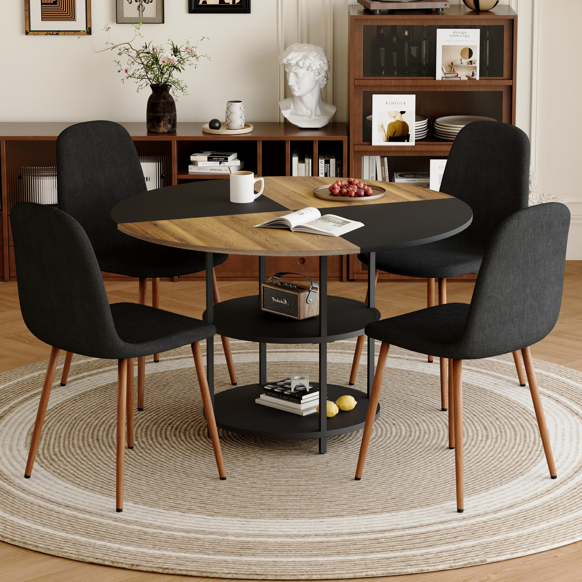 17 Stories Modern Circular Dining Table Set With Double-layer Storage ...