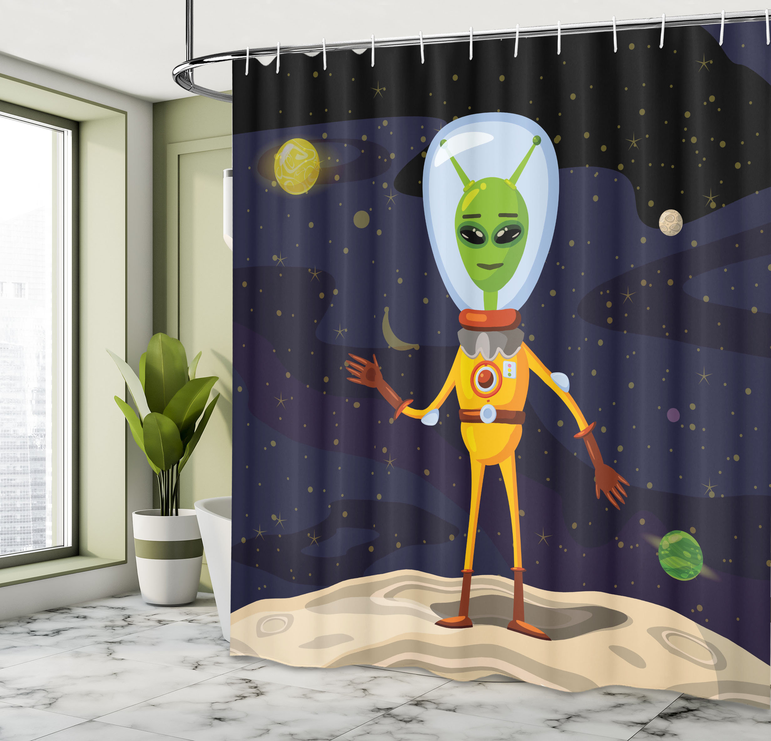 East Urban Home Alien Shower Curtain Funny Creature in a Spacesuit ...