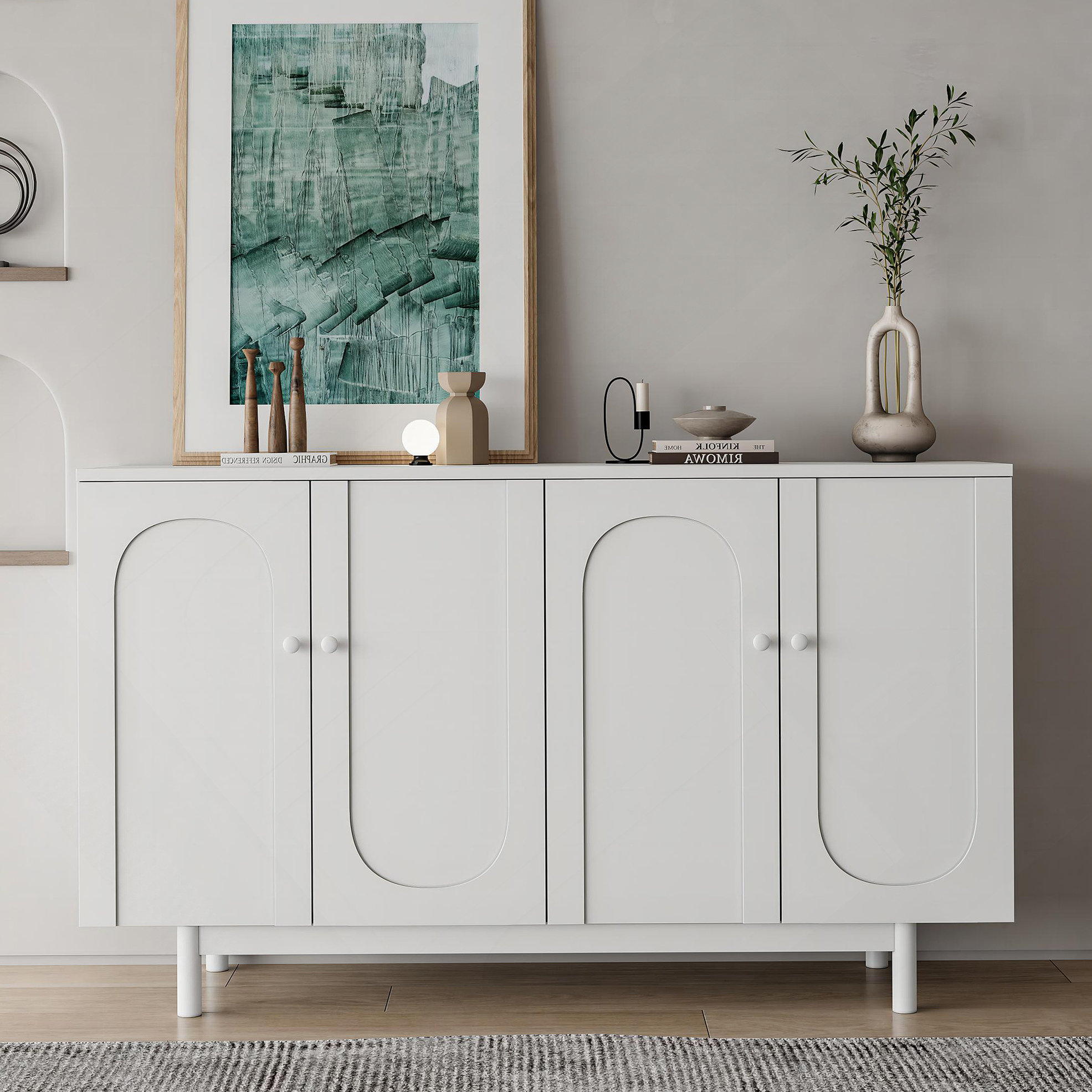 Ebern Designs 4-Door Intaglio Storage Cabinet with Pine Legs, Solid ...