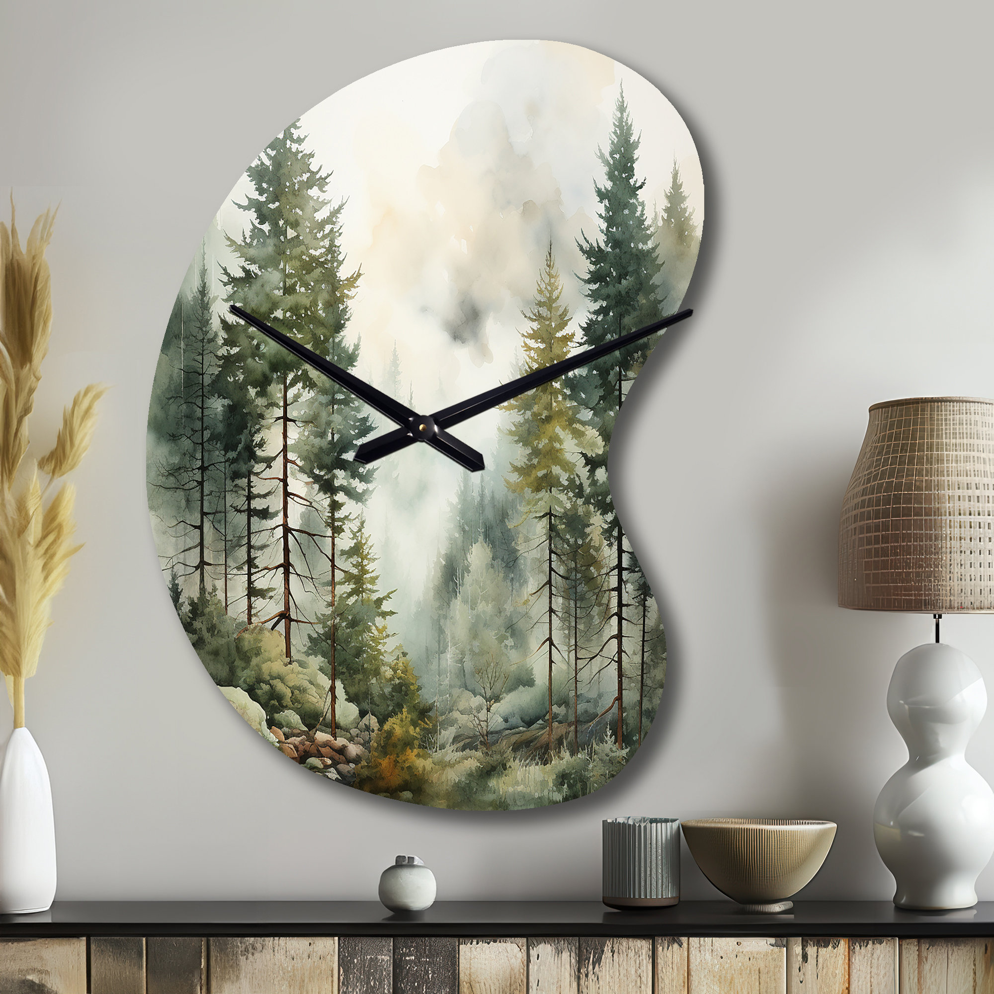 Design Art Pine Tree Misty Morning II - Boom Shape Decorative Green Tree Pine Wall Clock | Wayfair