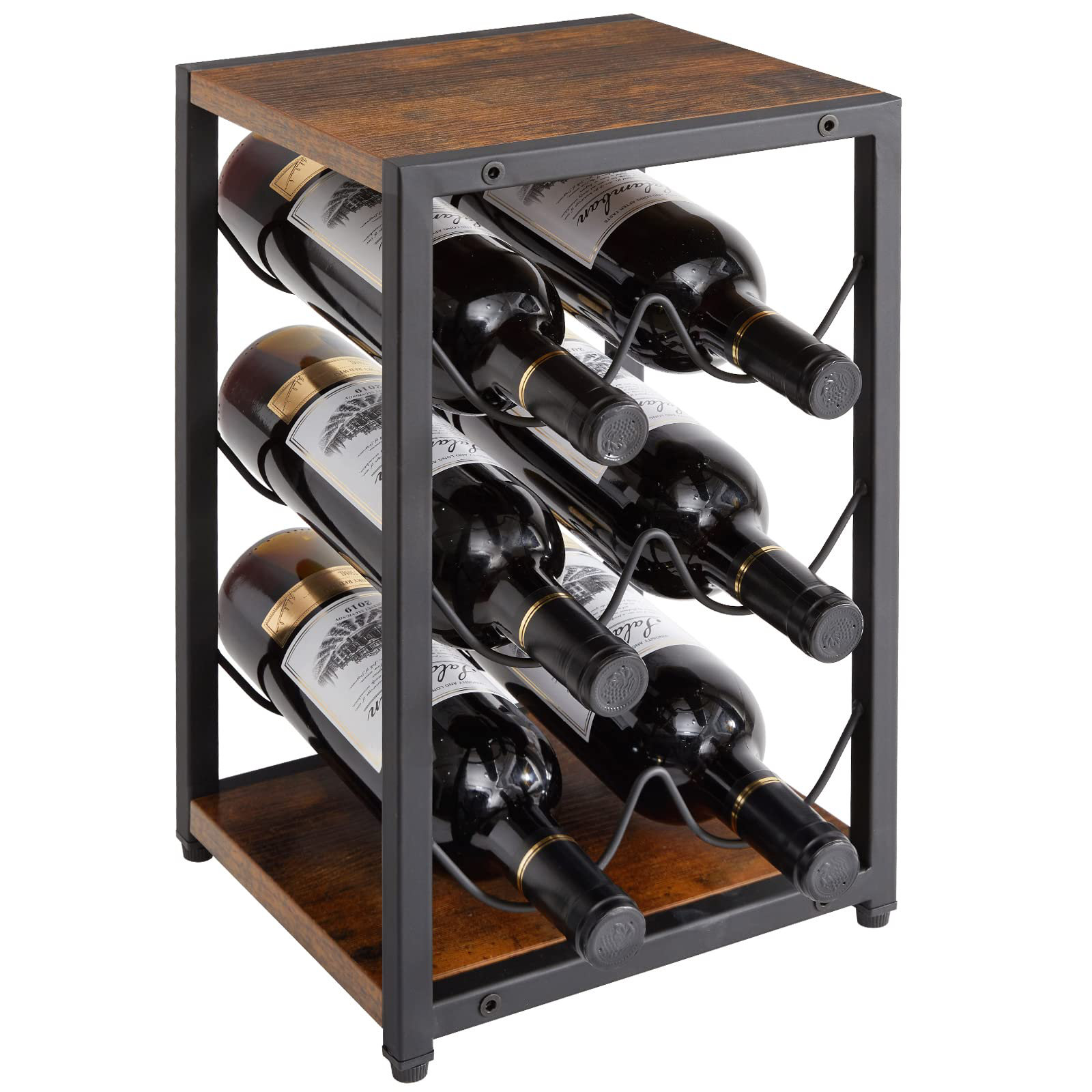 17 Stories Rustic Wood 6 Bottle Countertop Wine Rack - 3 Tier Iron ...