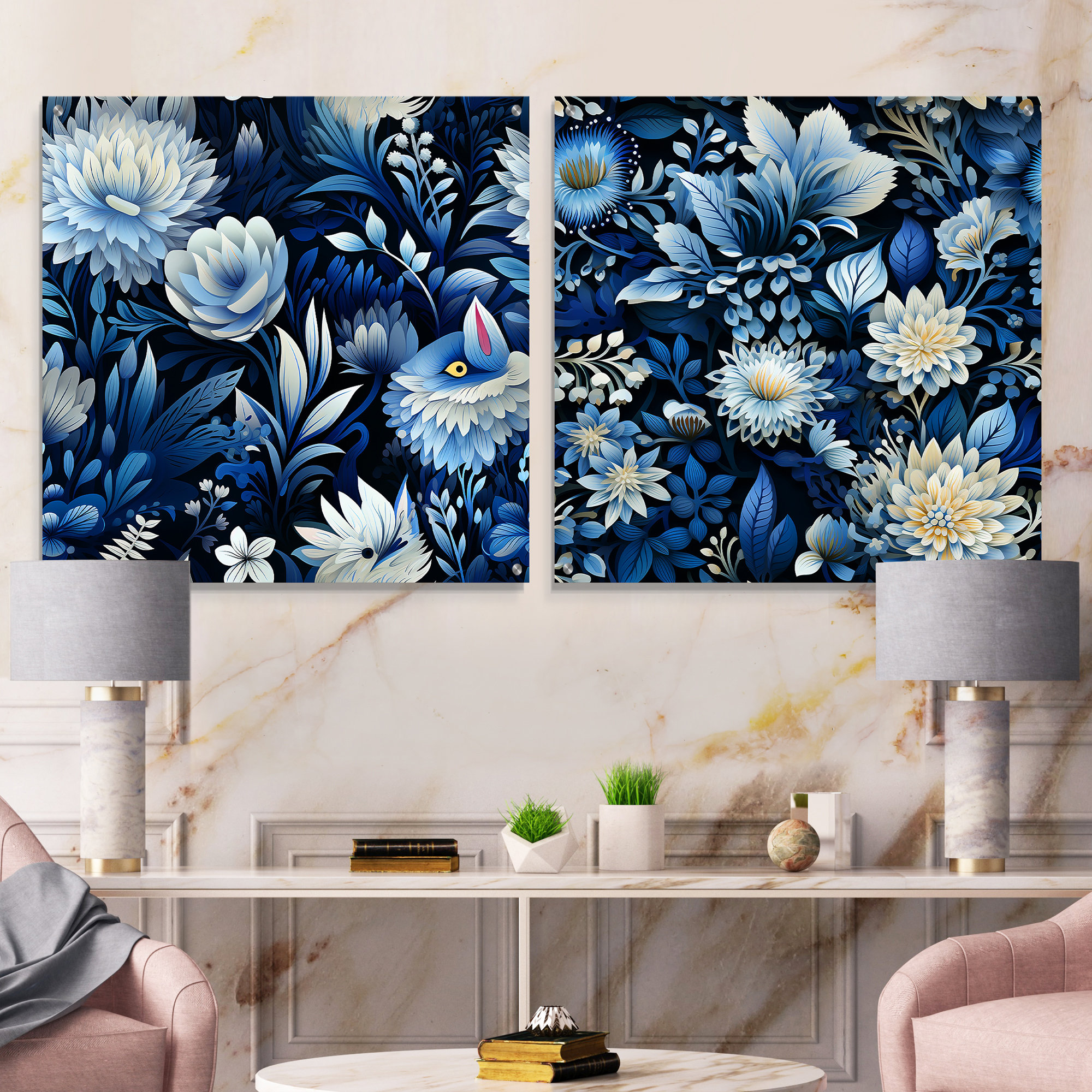 Design Art Russian Blue And White Flowers Reflections - Abstract ...
