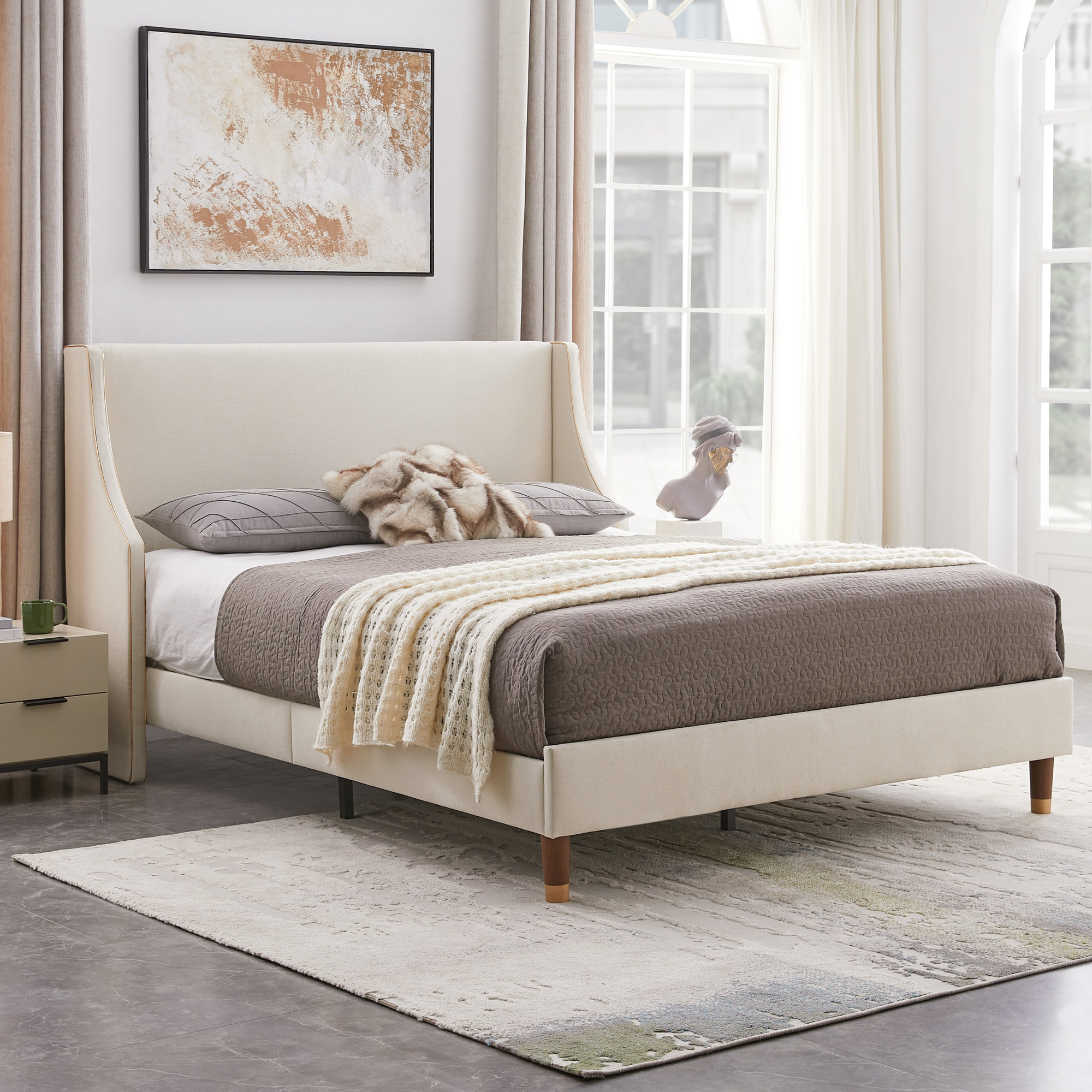 Mercer41 Melaya Elegant Wingback Upholstered Platform Bed Frame ...