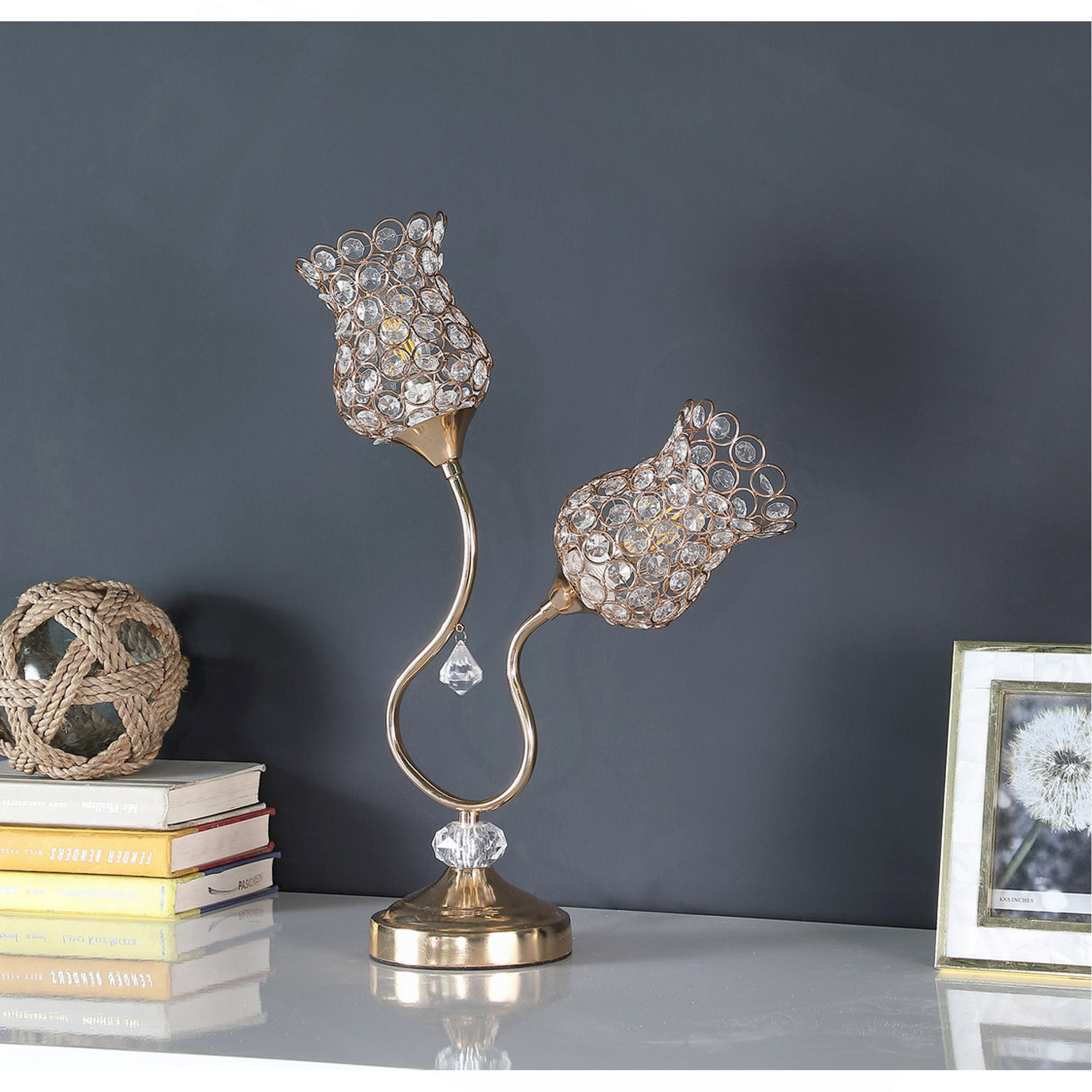 Mercer41 18.75" Rose Gold 2-Floral Trumpet Glam Metal Table Lamp | Wayfair