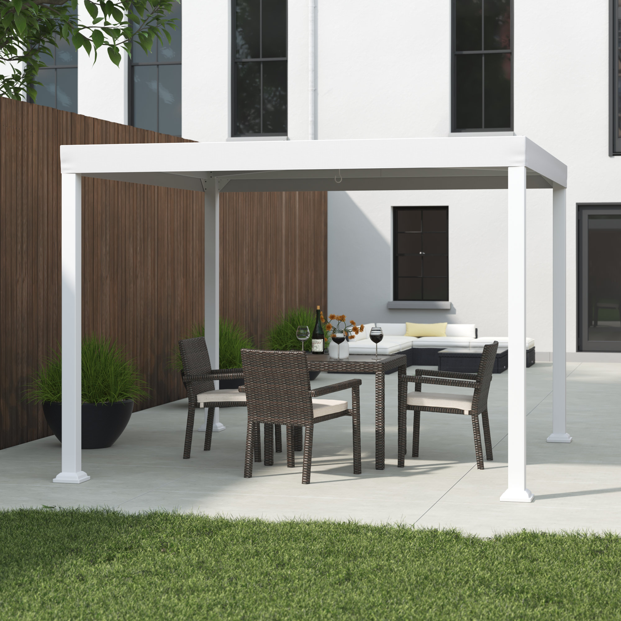 Sunjoy 10 ft. x 10 ft. Modern White Steel Gazebo with White Flat Top ...