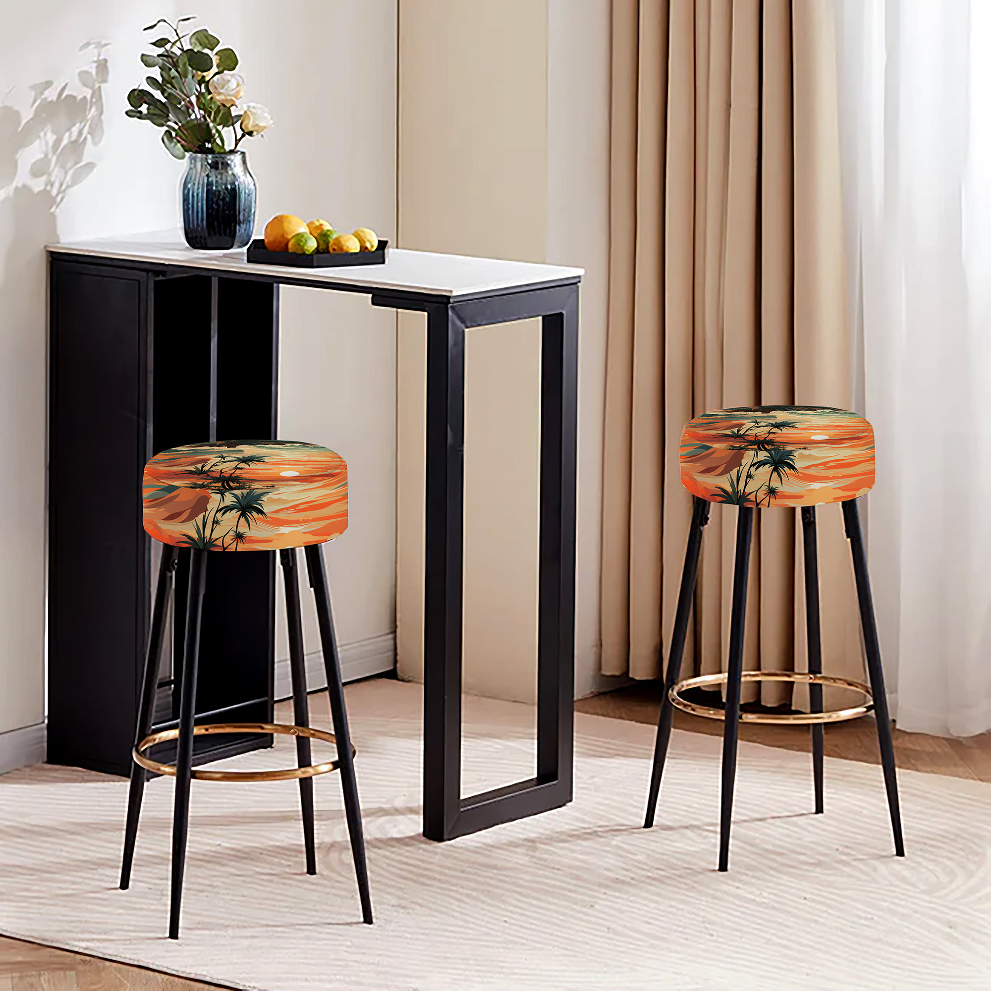 Design Art Orange Seashore Sunset Coastal Pattern - Coastal Bar Stools Set Of 2 | Wayfair