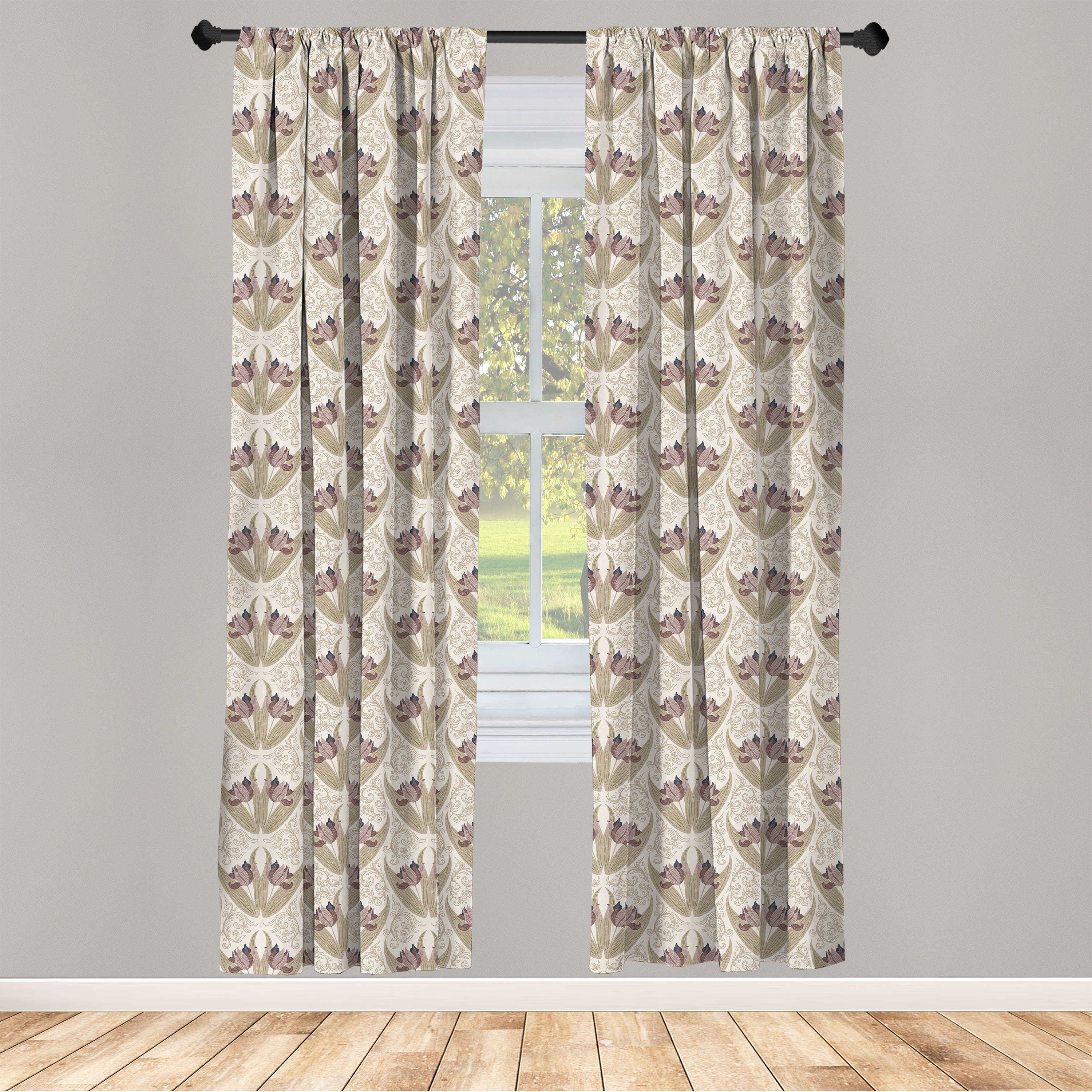 East Urban Home Vintage 4-Panel Curtains, Oriental Tulips Pattern, Dark ...