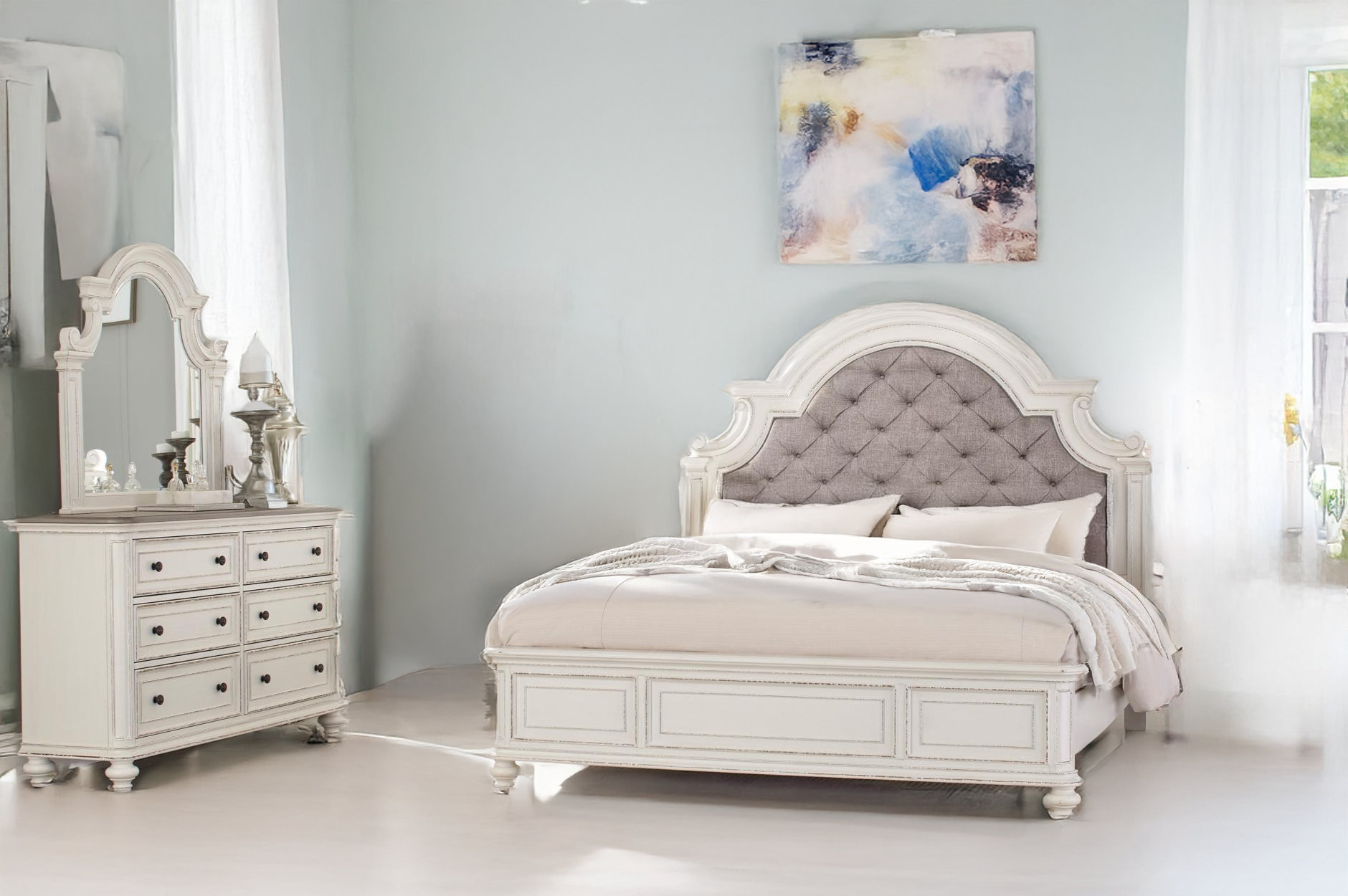 Ophelia & Co. Nina Antique White Upholstered Tufted Panel Bedroom Set ...