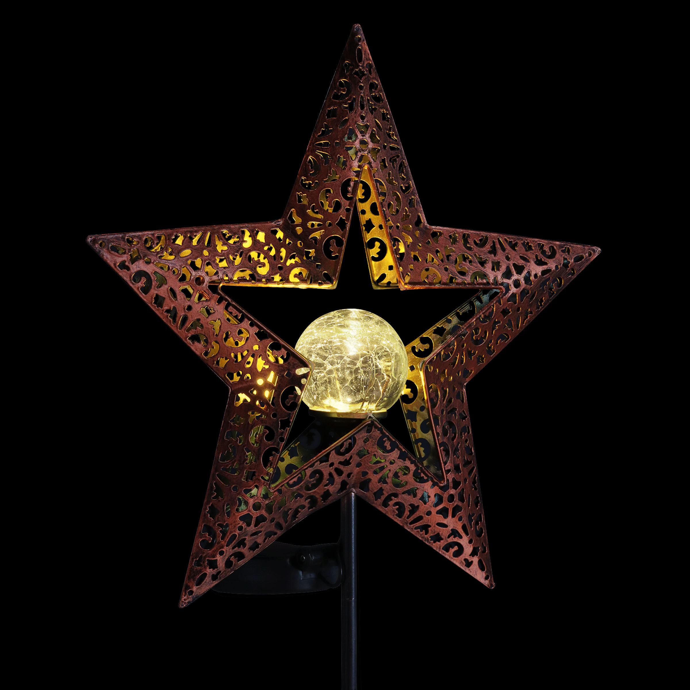 Exhart Solar Filigree Metal Star Stake with Glass Crackle Ball Centre ...