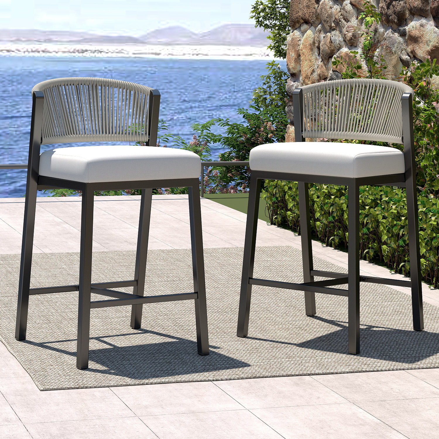 Latitude Run® Patio Rope Outdoor Bar Stools With Footrest And Aluminum ...