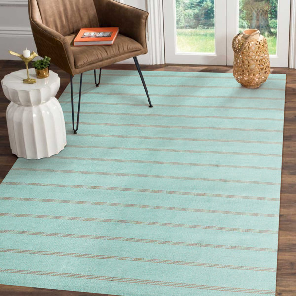 Gracie Oaks Goeger Striped Handwoven Cotton/Jute Aqua Green Area Rug ...