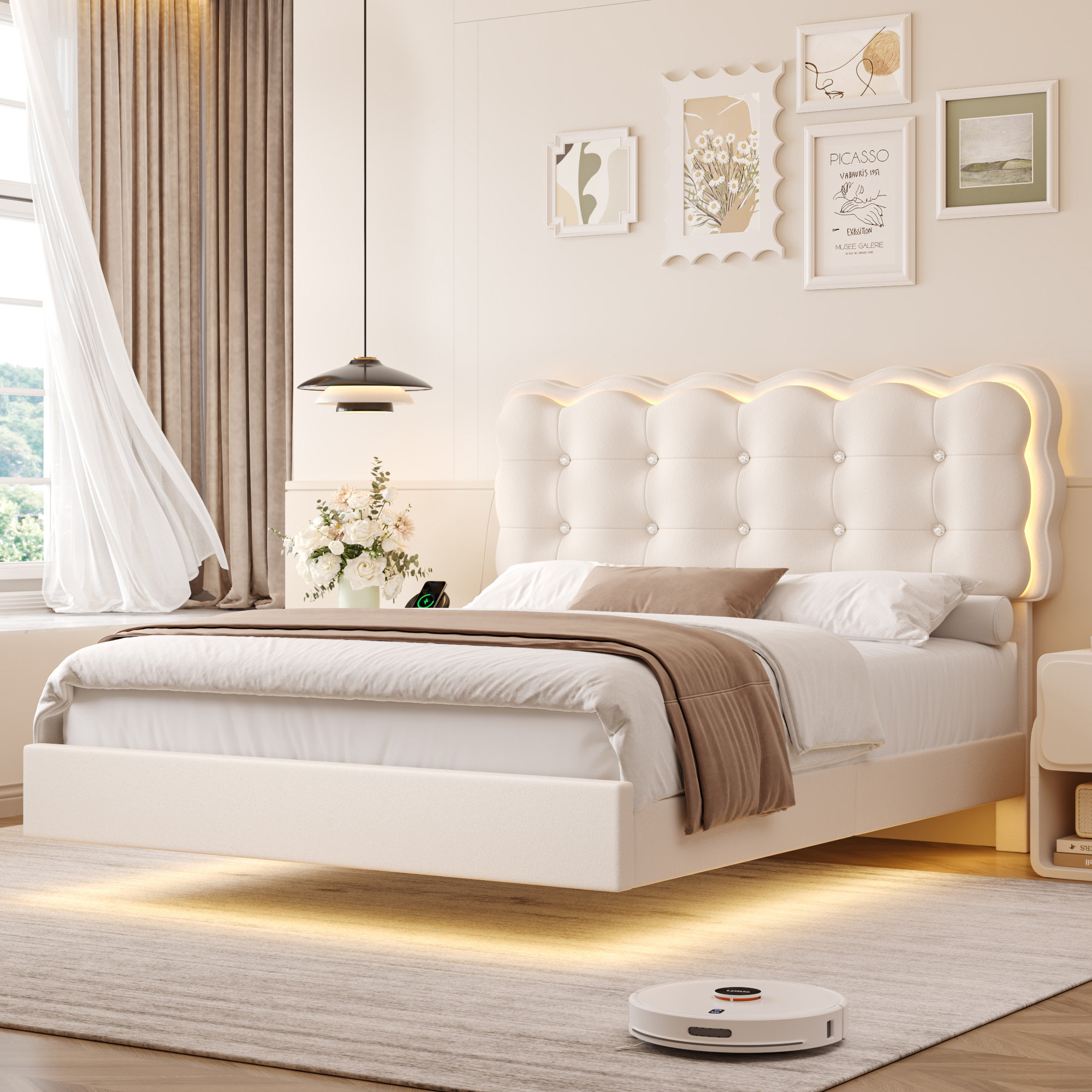 Wrought Studio™ Upholstered Floating Bed With LED Lights, Charging Port ...