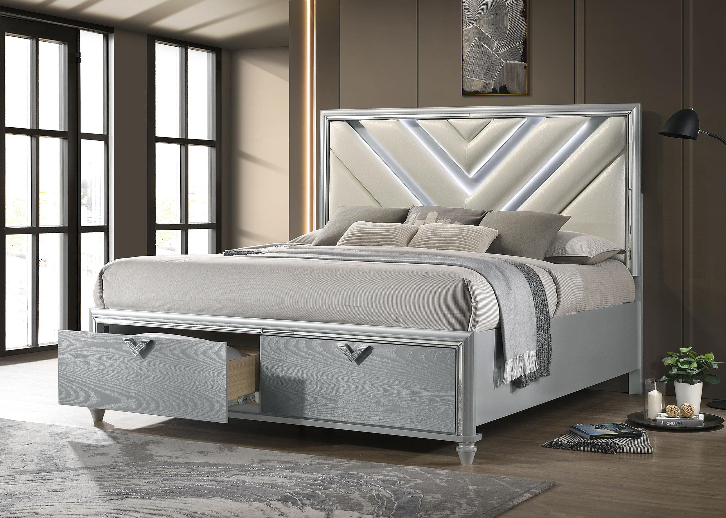 Orren Ellis Wood Queen LED Storage Panel Bed Light Silver | Wayfair