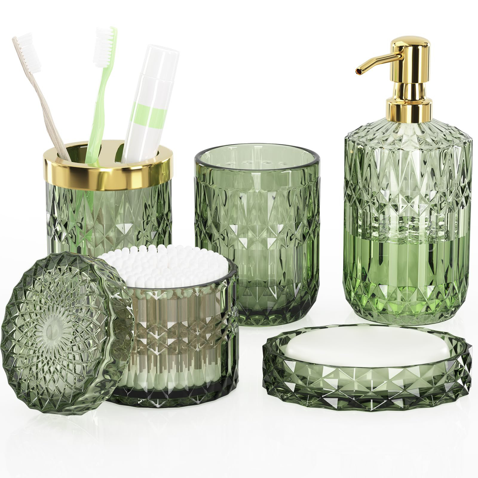 Mercer41 Green Bathroom Accessory Set, 5 Pcs Clear Glass Bathroom ...