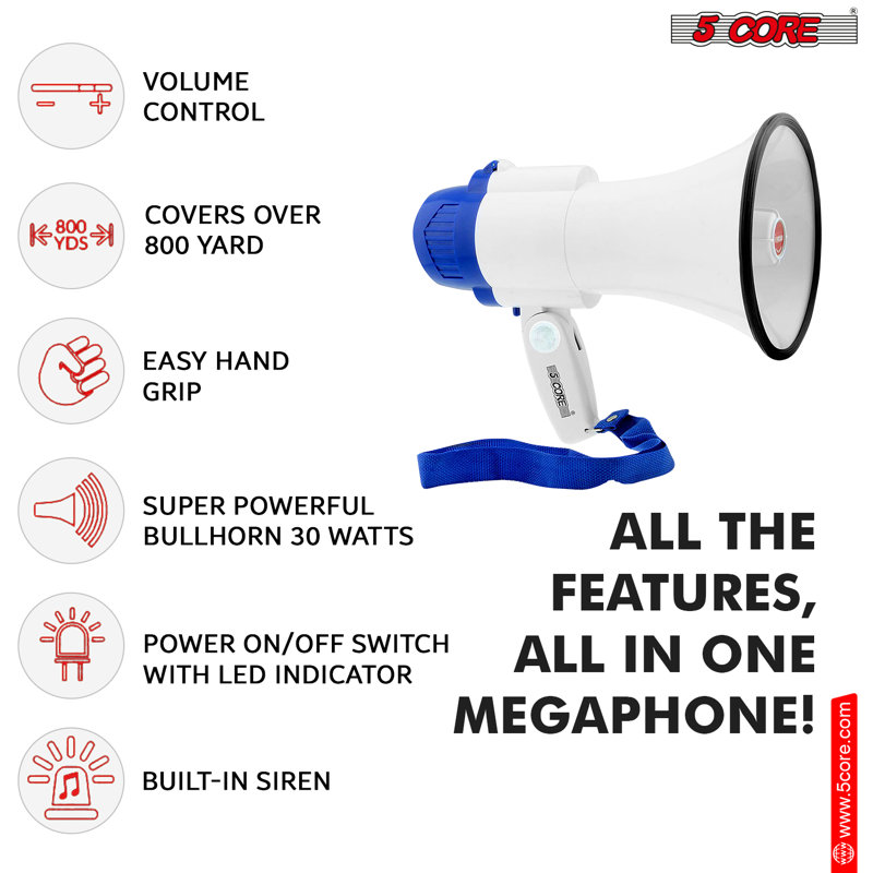 5 Core Megaphone Bullhorn Speaker 30W Mini Bull Horn Battery Power ...