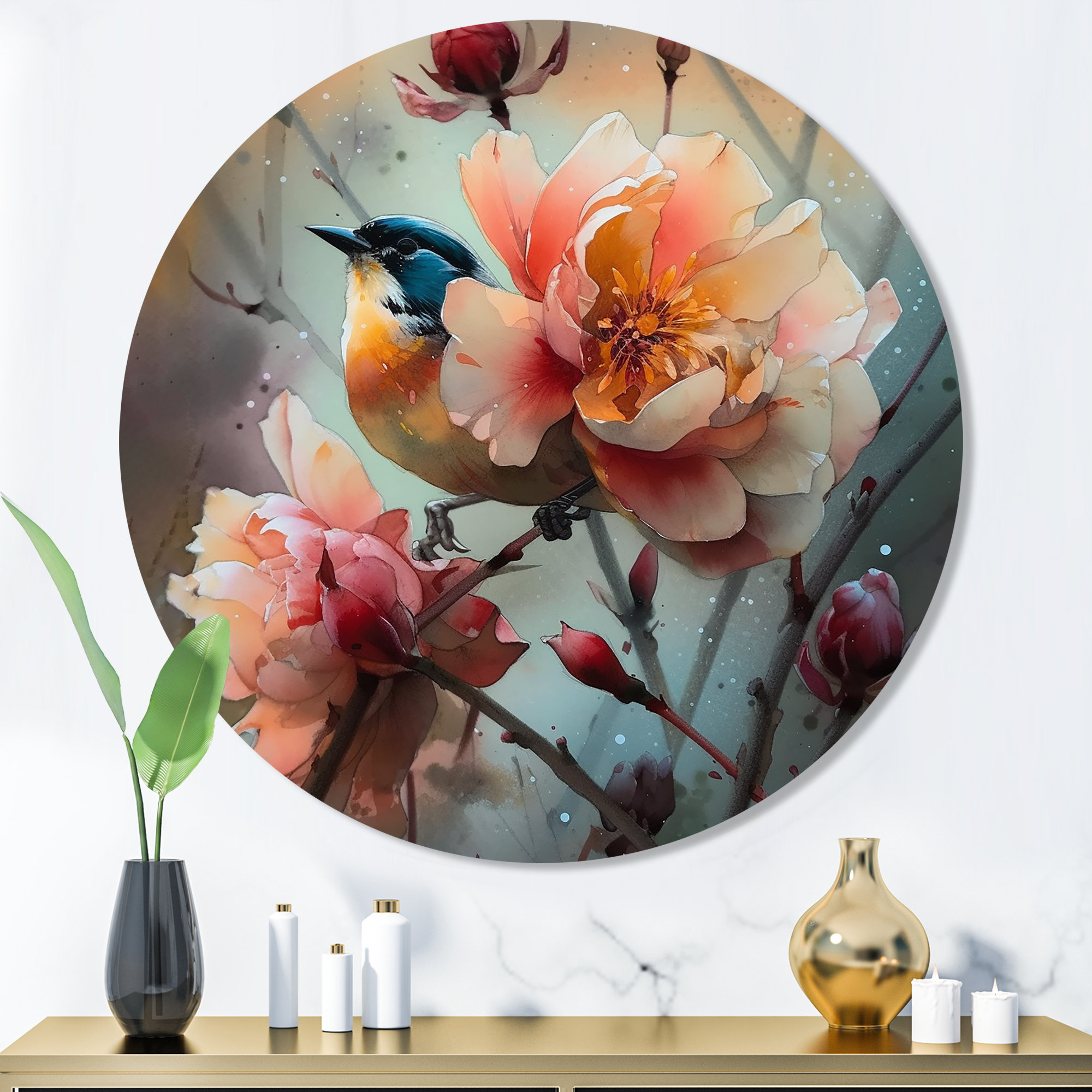 Red Barrel Studio® Blue Little Bird On Rose Tree Banch II - Bird Floral ...
