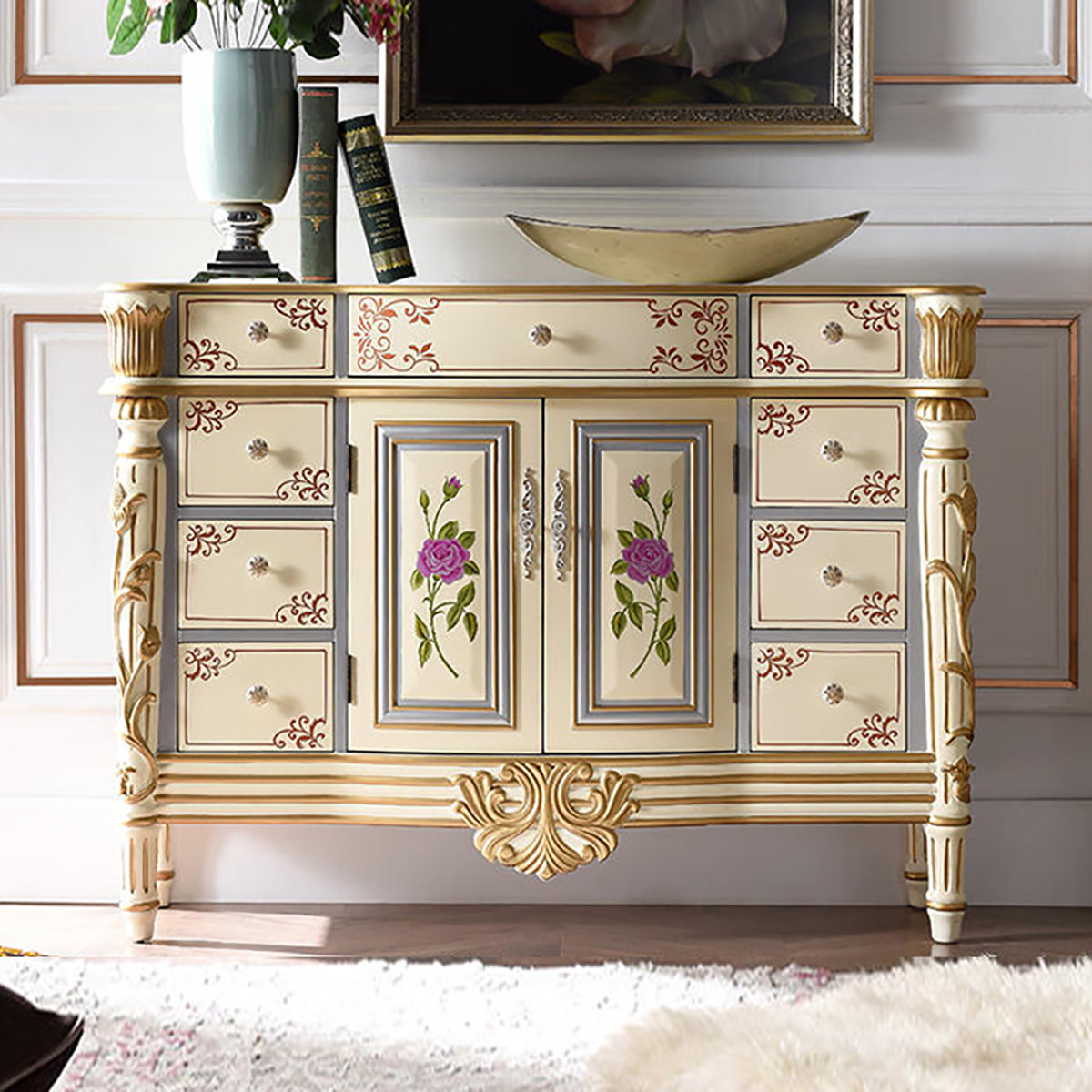 HomeCanvas Tracing Gold Painted Storage Decorative Cabinet Accent ...