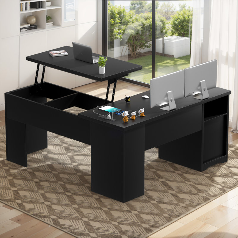 Ebern Designs Swapan 56'' Lift Top L-Shaped Desk with Drawers and Power ...