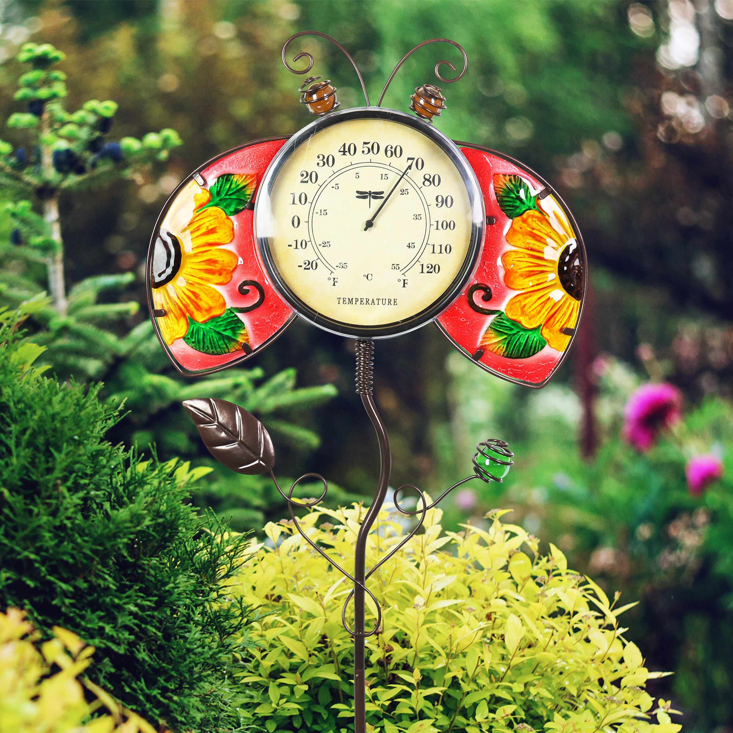 Exhart Whimsical Winged Widget Metal Ladybug Thermometer Garden Stake ...
