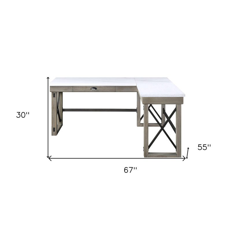 HomeRoots 67" White and Brown Marble L Shape Writing Desk | Wayfair