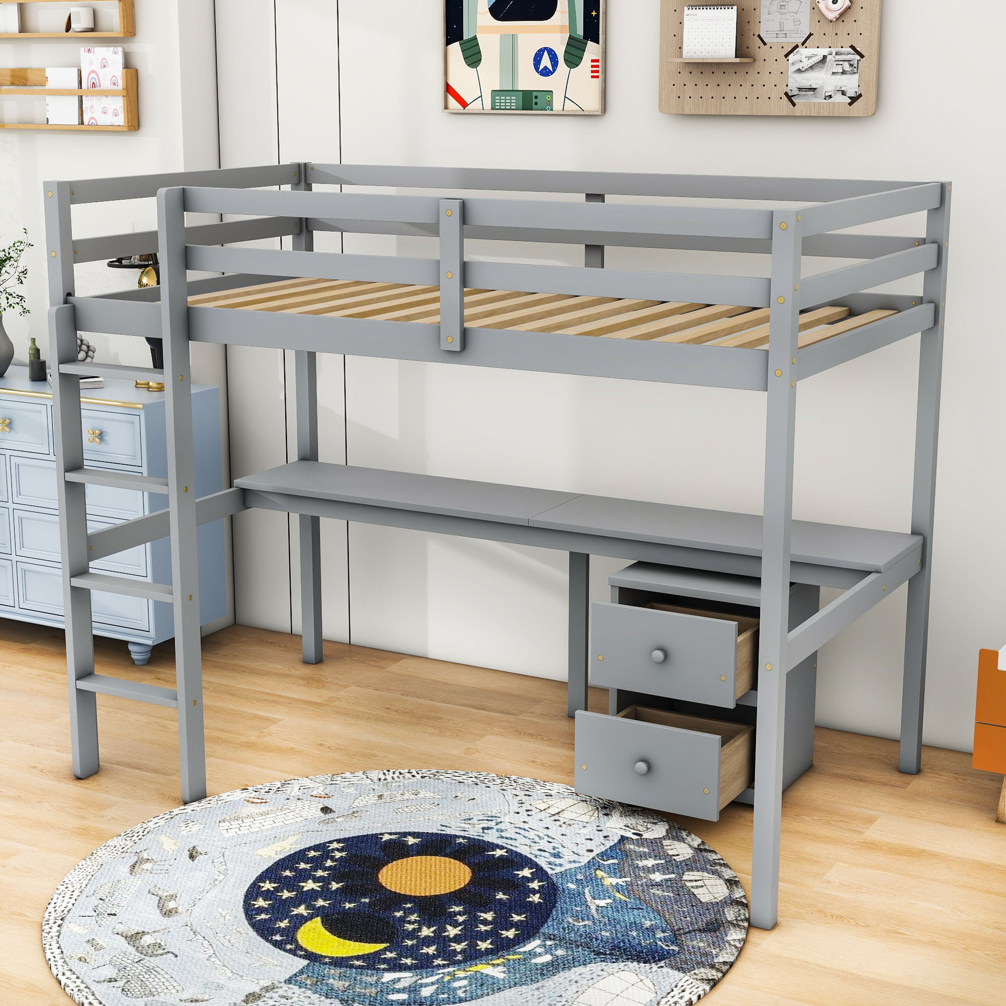 Harriet Bee Kalun Twin Loft Bed With Built-In Desk And Storage Cabinet ...